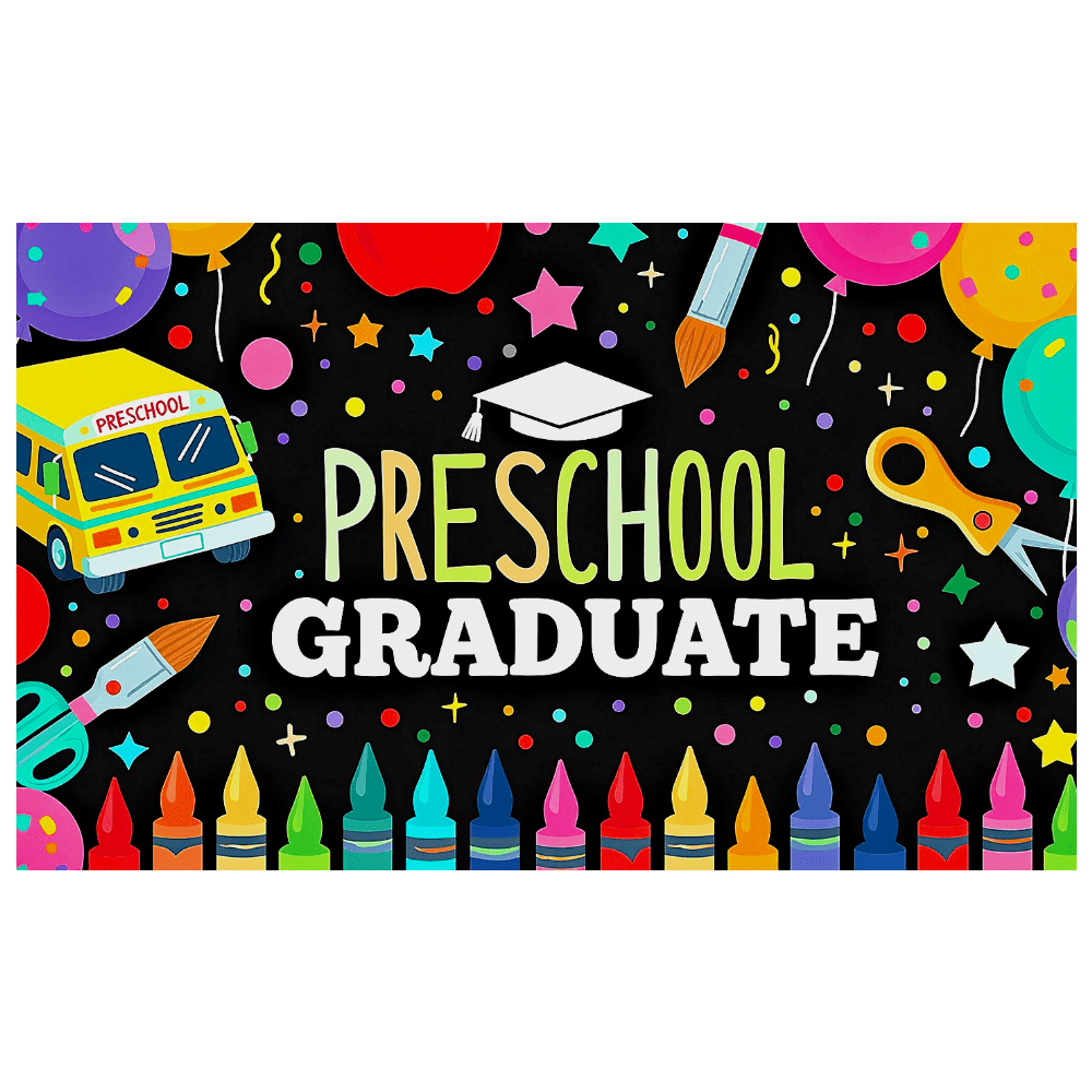Colorful Preschool Graduation Themed Banner with School Bus Crayons and ...
