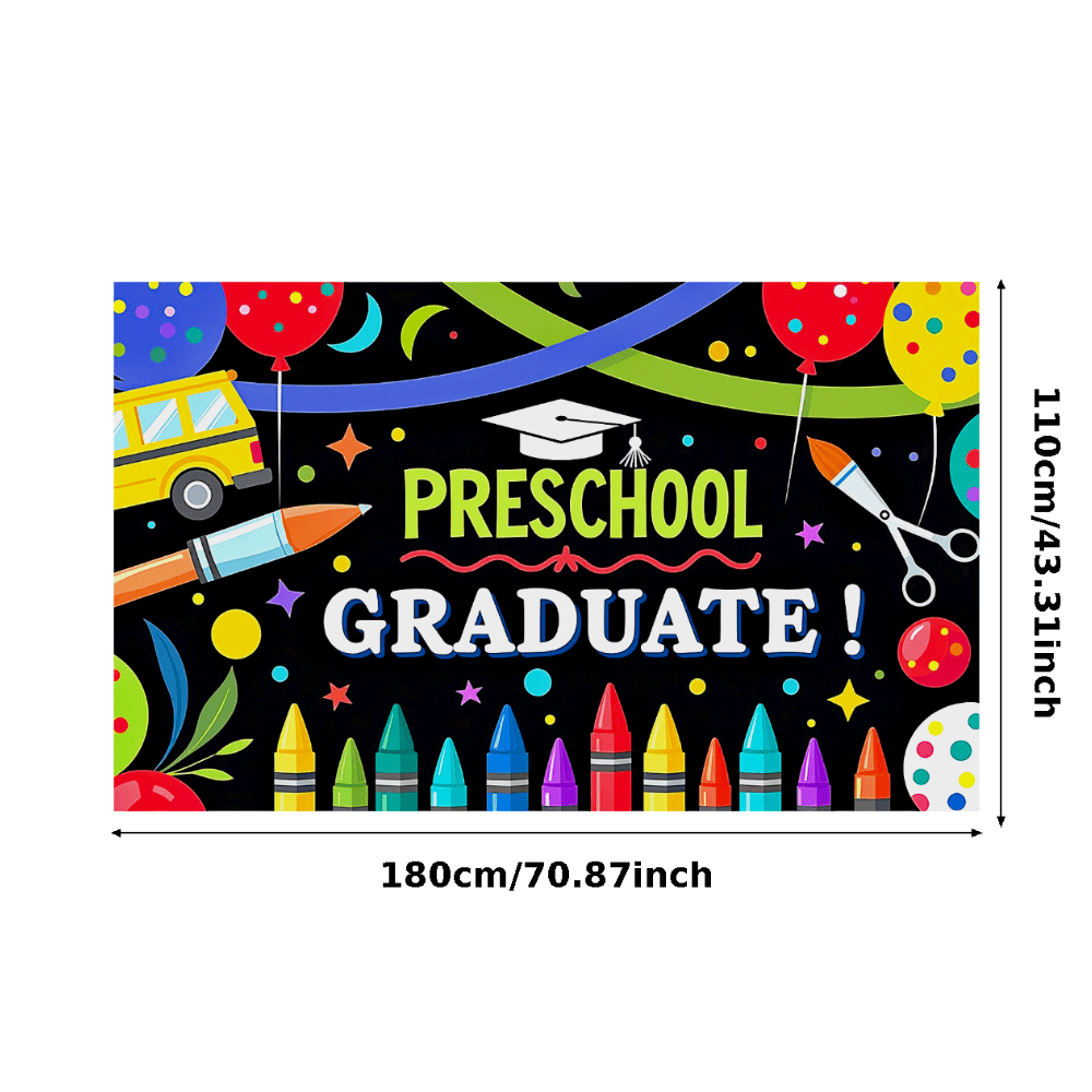 Colorful Preschool Graduation Themed Banner with School Bus Crayons and ...