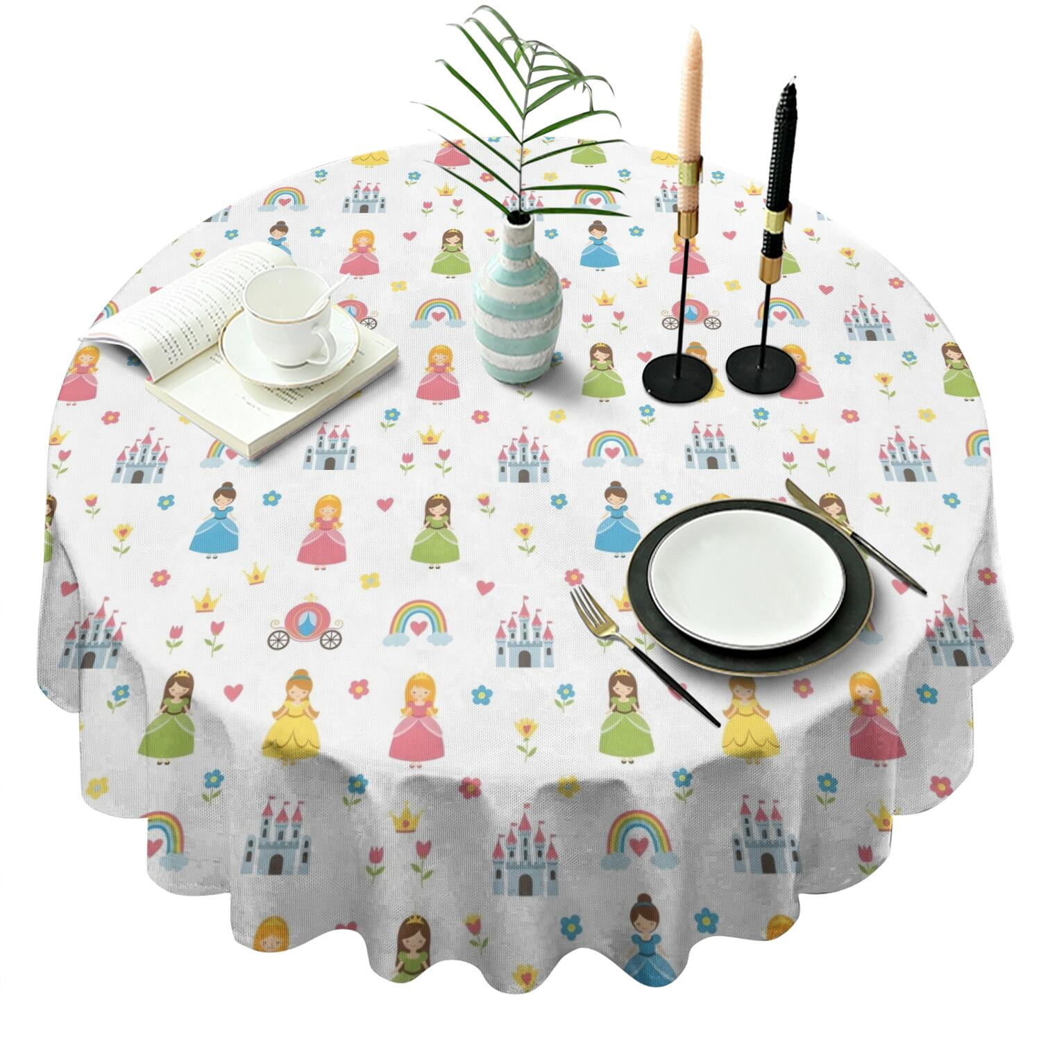 Colorful Princess Castle Pattern Round Tablecloth 60"x60",Wrinkle ...