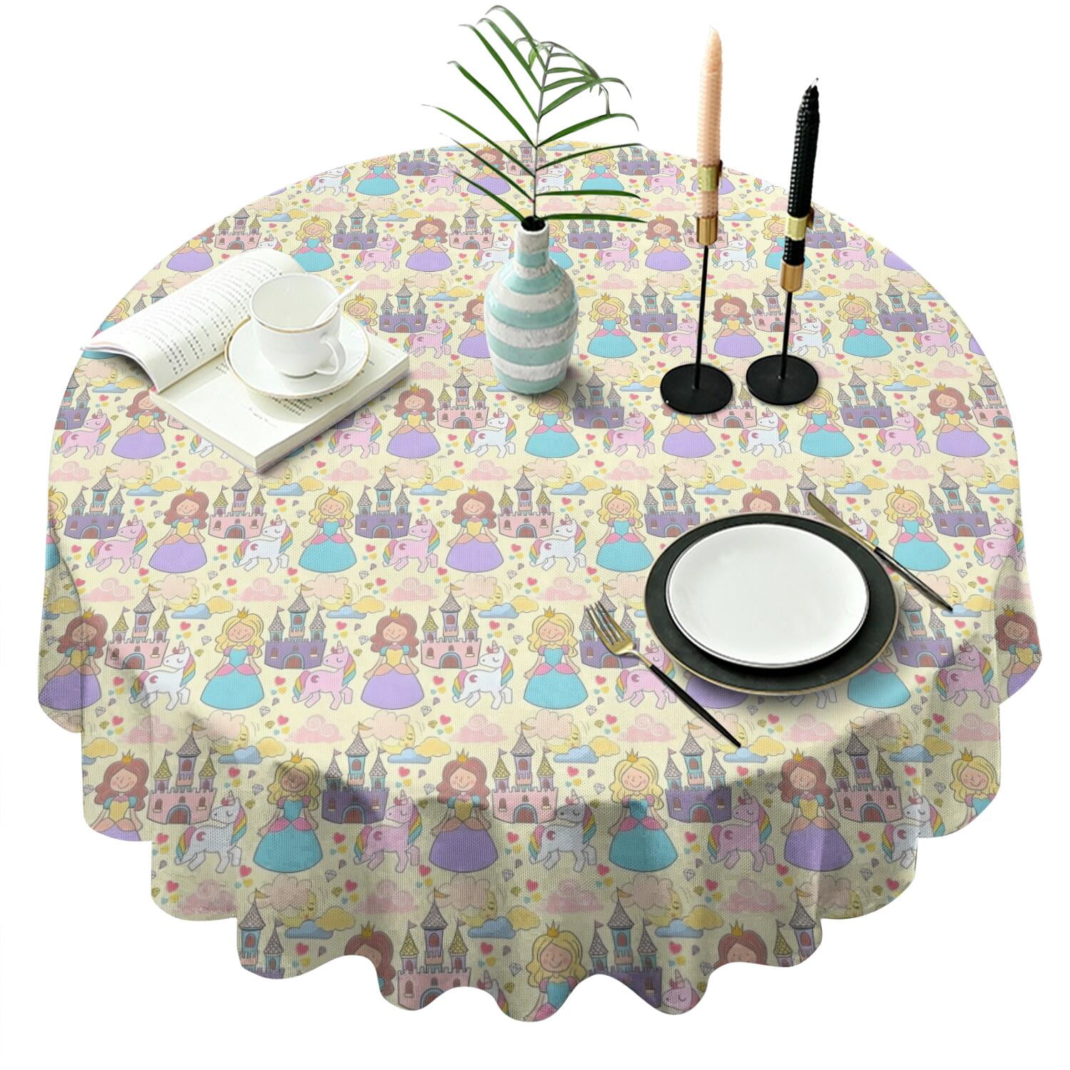 Colorful Princess Castle Pattern Round Tablecloth 60"x60",Wrinkle ...
