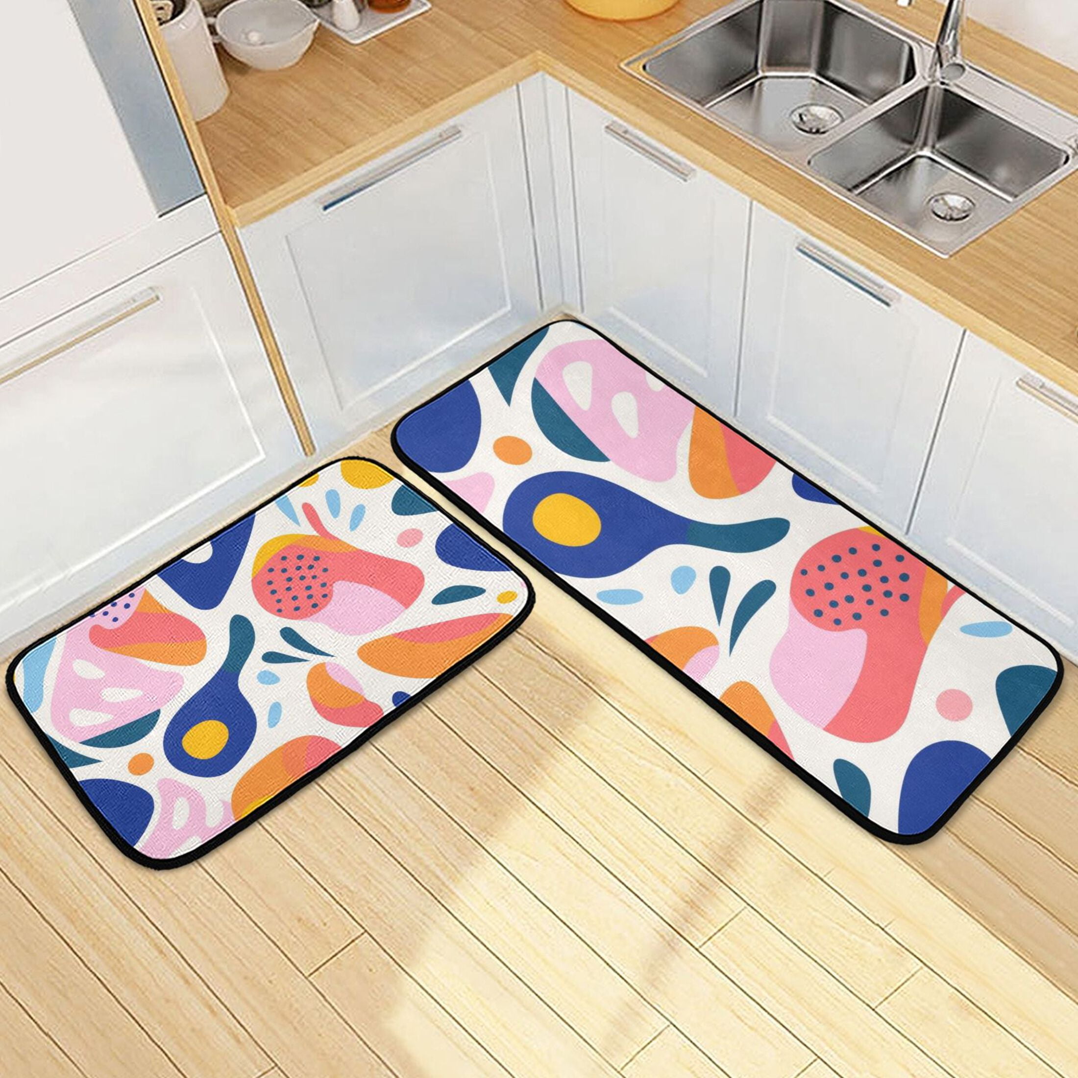 Colorful Print Kitchen Rugs Set of 2 Non Slip Floor Foam Mat Cushioned ...