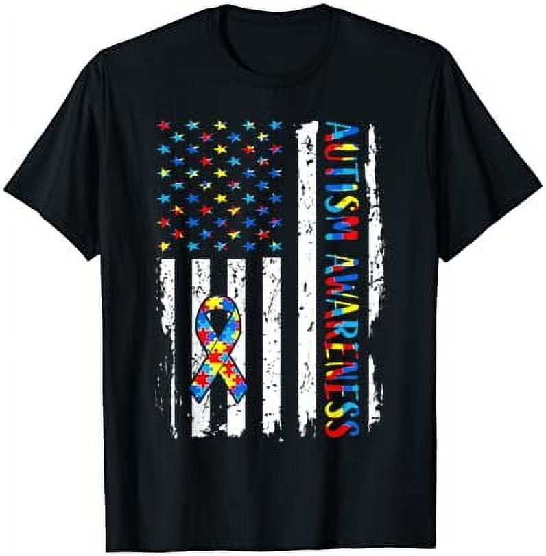 Colorful Puzzle Piece Autism Awareness USA Flag T-Shirt for Family ...
