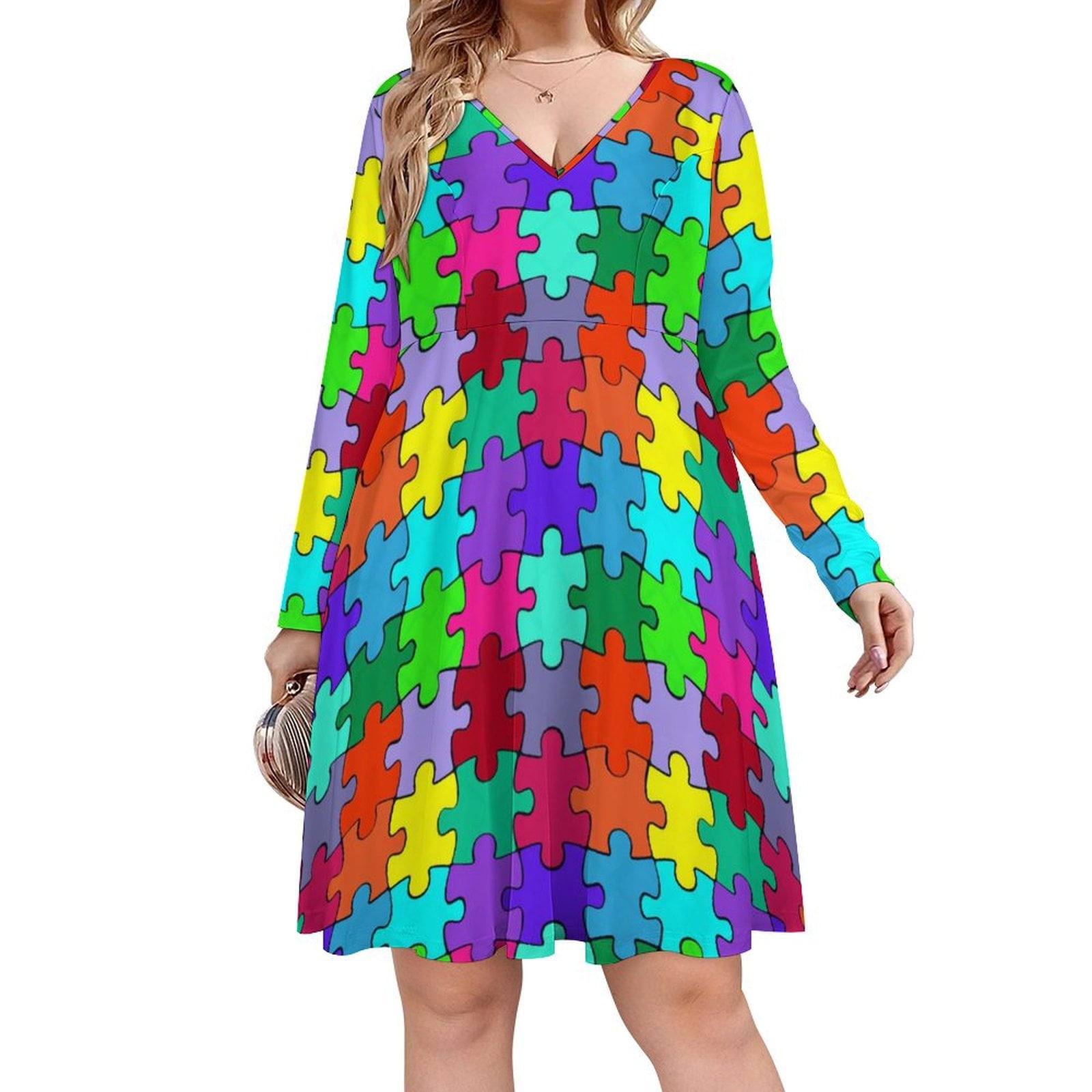 Colorful Puzzle Piece Long Sleeve Dresses For Women Vintage Elegant Party Dress Oversized V-neck ...