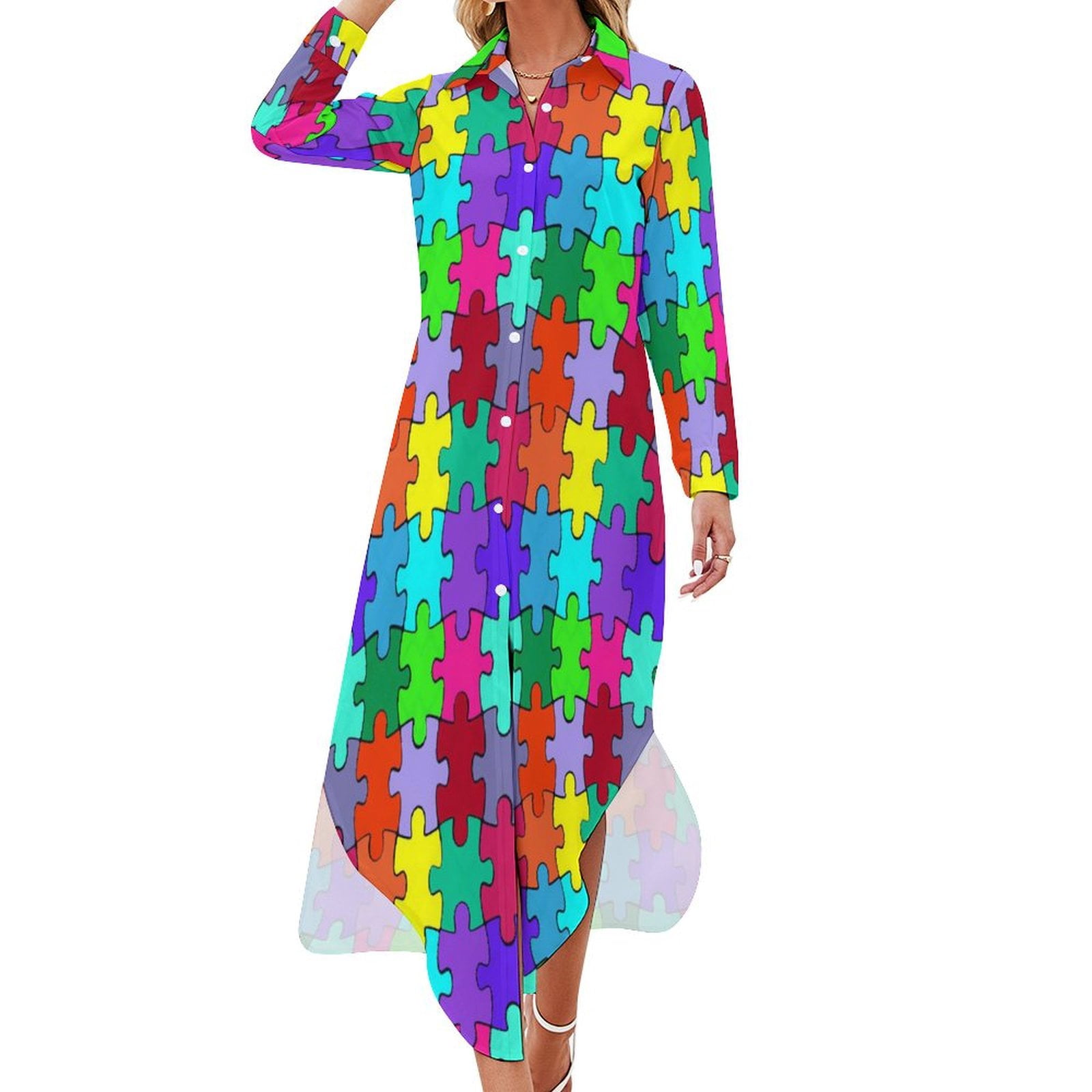 Colorful Puzzle Piece Shirt Dress Long Sleeve Street Fashion V Neck ...