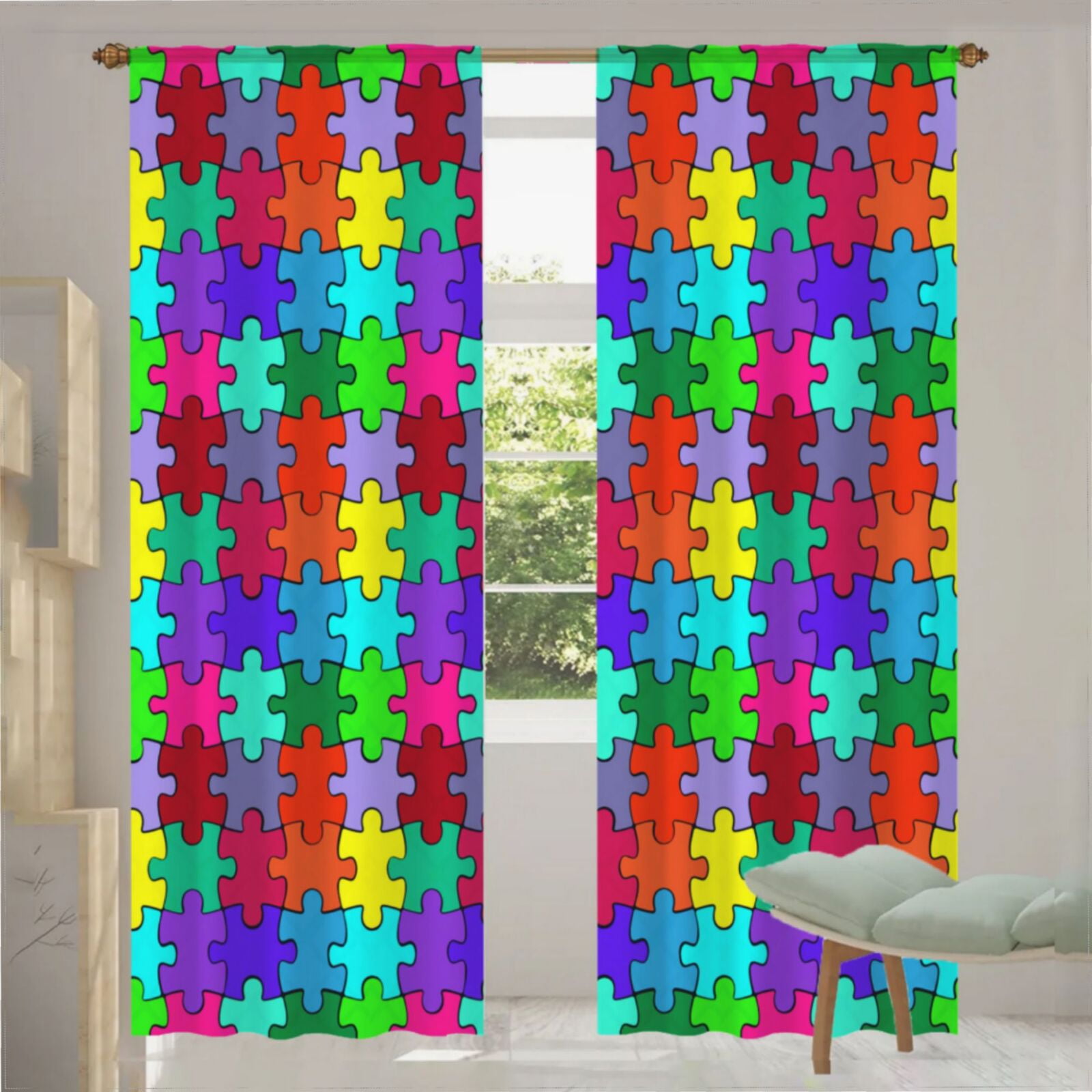 Colorful Puzzle Piece Tulle Sheer Window Curtains For Living Room ...