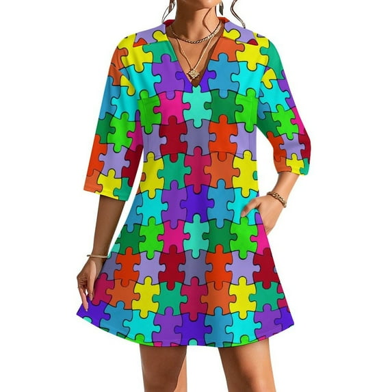 Colorful Puzzle Piece Womens Dress With Pockets Summer V Neck 3/4 ...