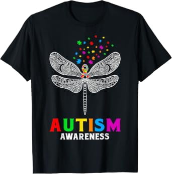 Colorful Puzzle Pieces Autism Awareness Dragonfly Men Women T-Shirt ...