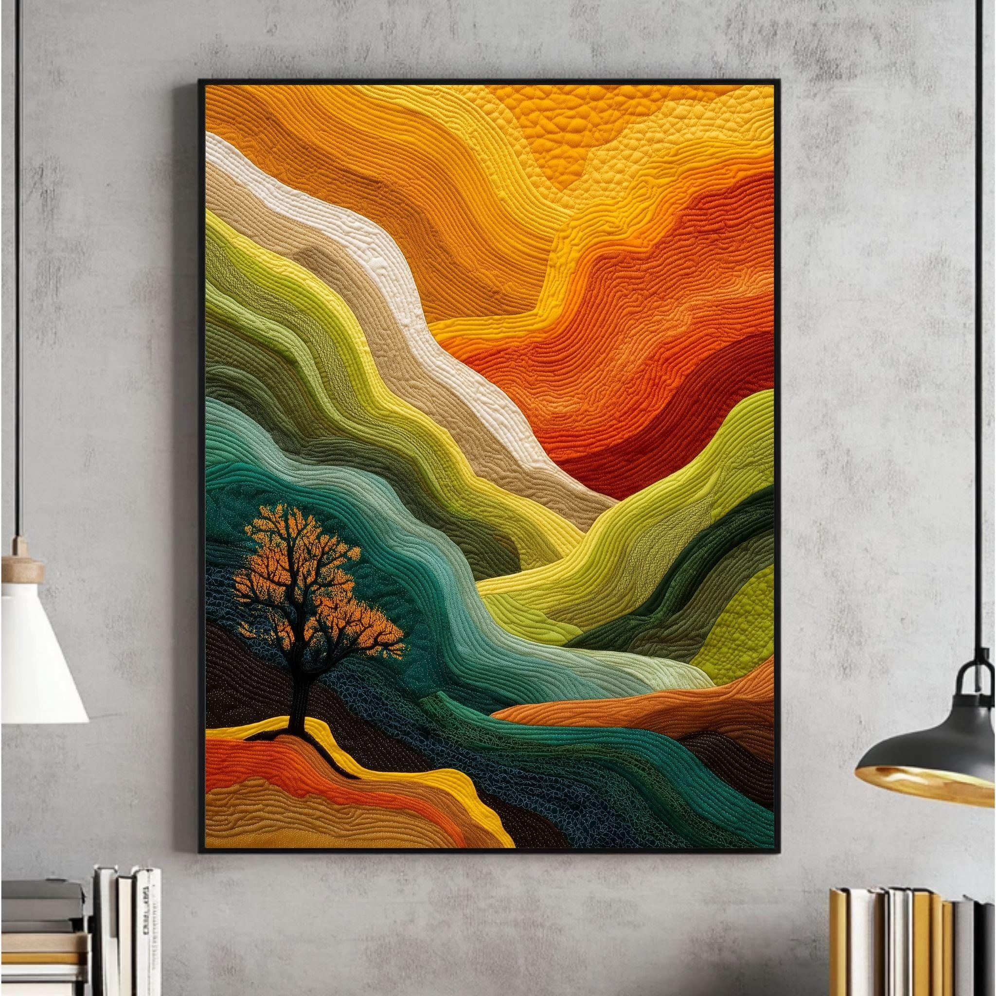 Colorful Quilt Landscape Wall Art, Vibrant Textile Mountain Print, Faux ...