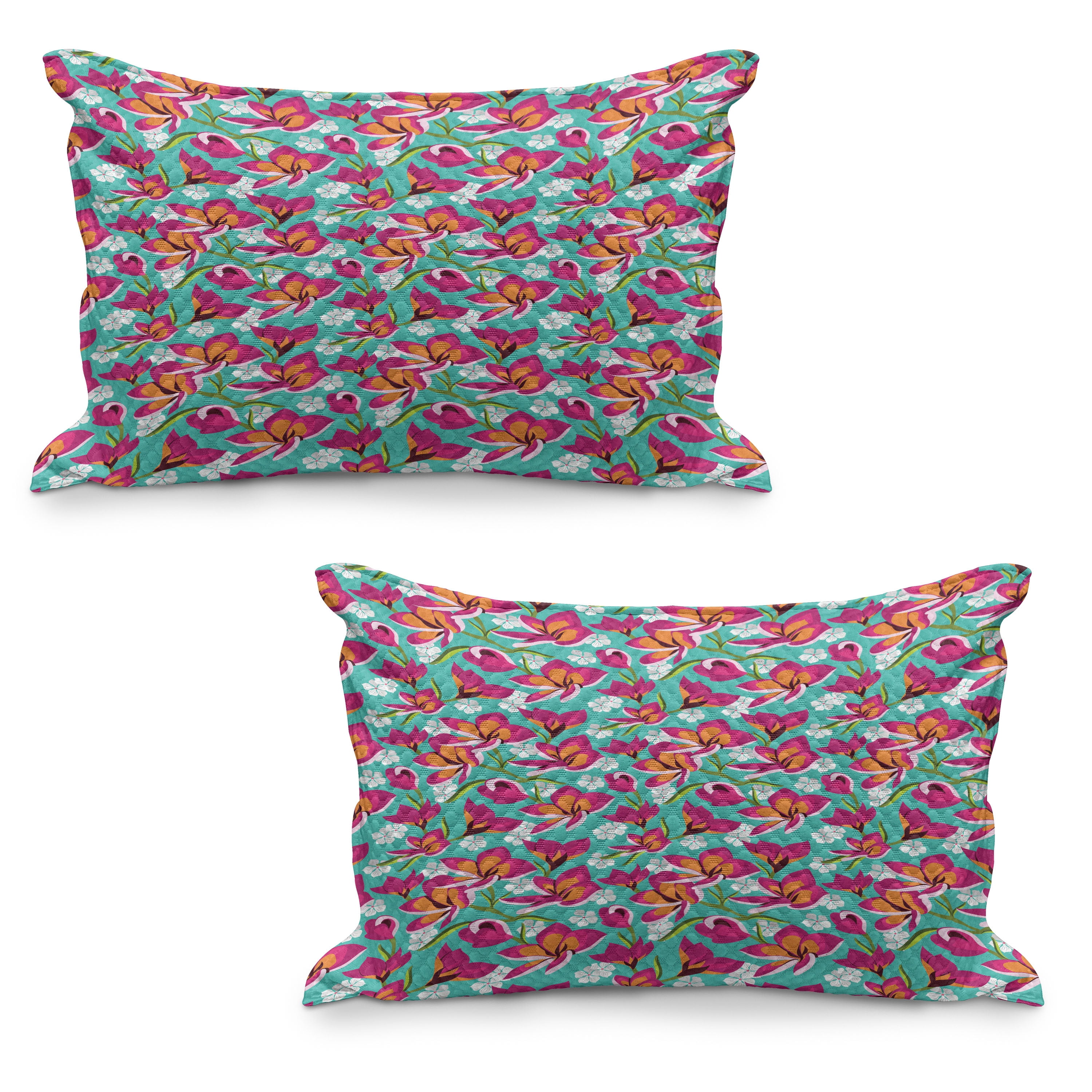 Colorful Quilted Pillowcover Set of 2, Hand Drawn Floral Composition with Coming of the Spring ...