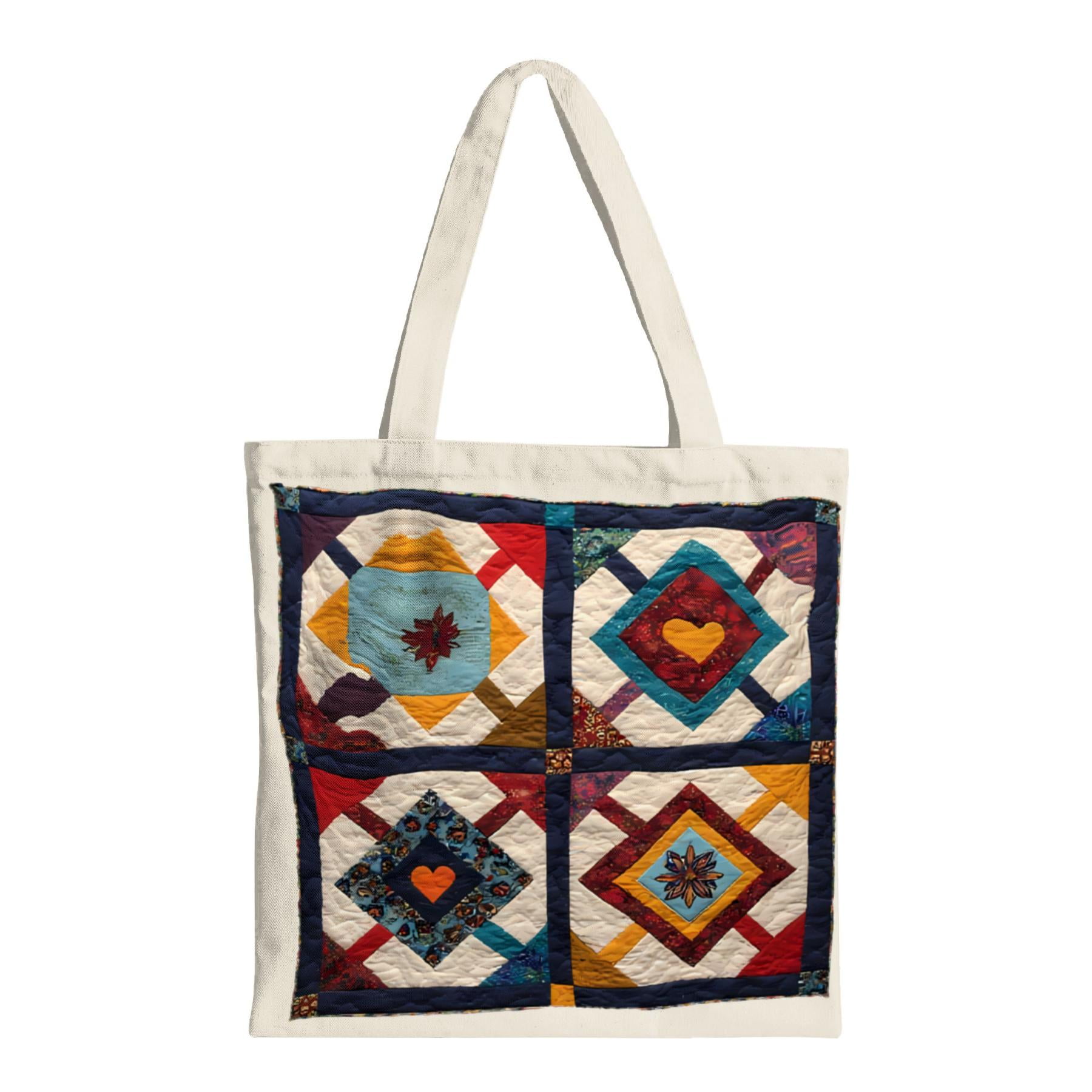 Colorful Quilted Tote Bag with Blue Heart & Diamond Pattern Cream ...