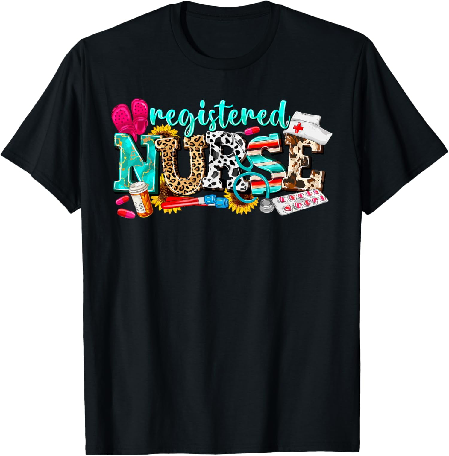 "Colorful RN Nurse Leopard Print Graphic T-Shirt with Bold 'Registered ...