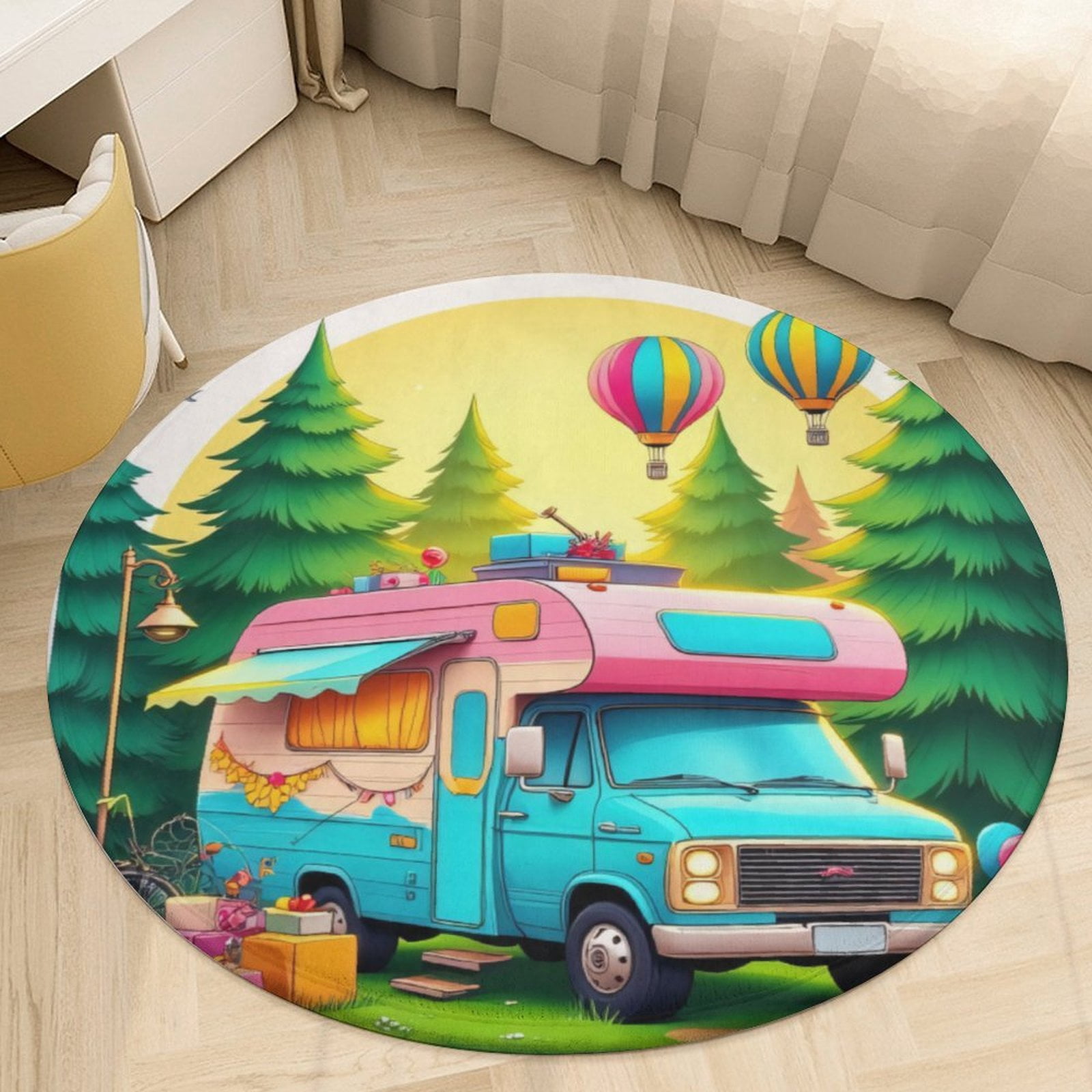 Colorful RV Camping Scene Round Area Rugs for Bedroom Living Room, 3FT ...