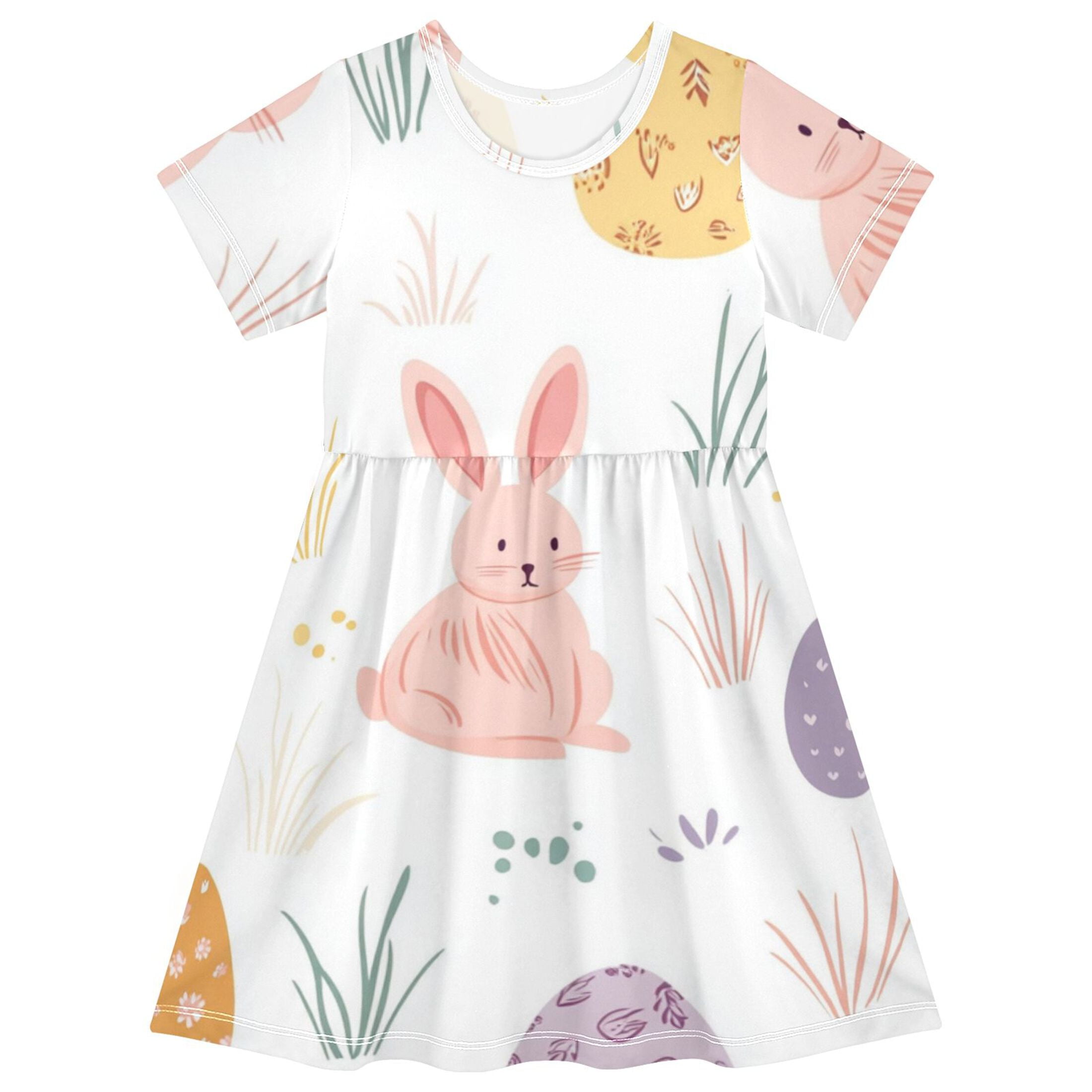 Colorful Rabbits Easter Eggs Grass Girls' Short Sleeve Dress A-Line One ...