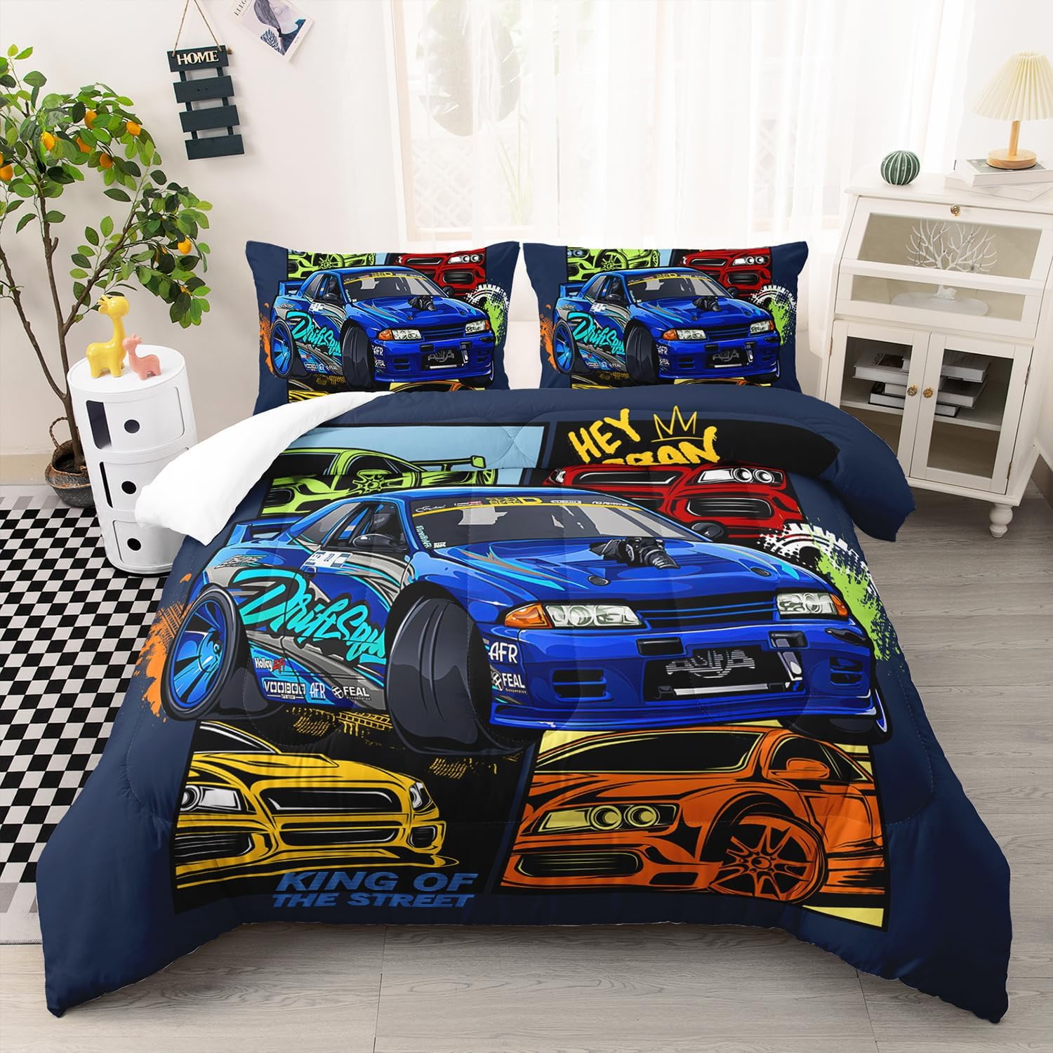 Colorful Racing Car Comforter Set Full Size, Extreme Sports Theme ...
