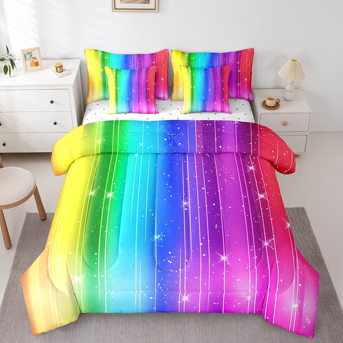 Colorful Rainbow 7 Pieces Full Comforter Set,Abstract Neon Lines Bed in ...
