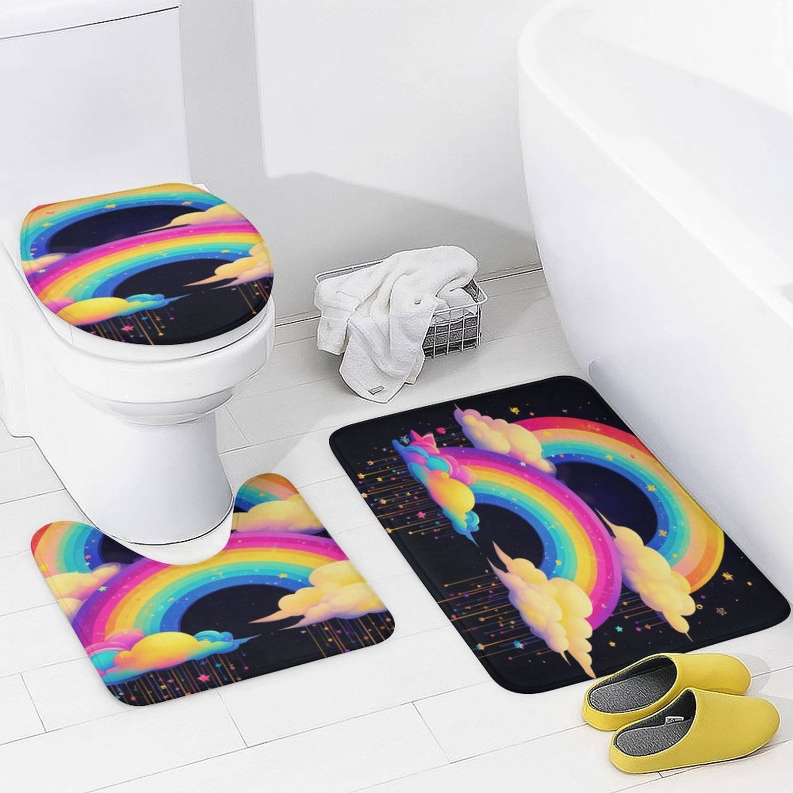 Colorful Rainbow And Clouds Bathroom Rugs Sets 3 Piece Toilet Lid Cover ...