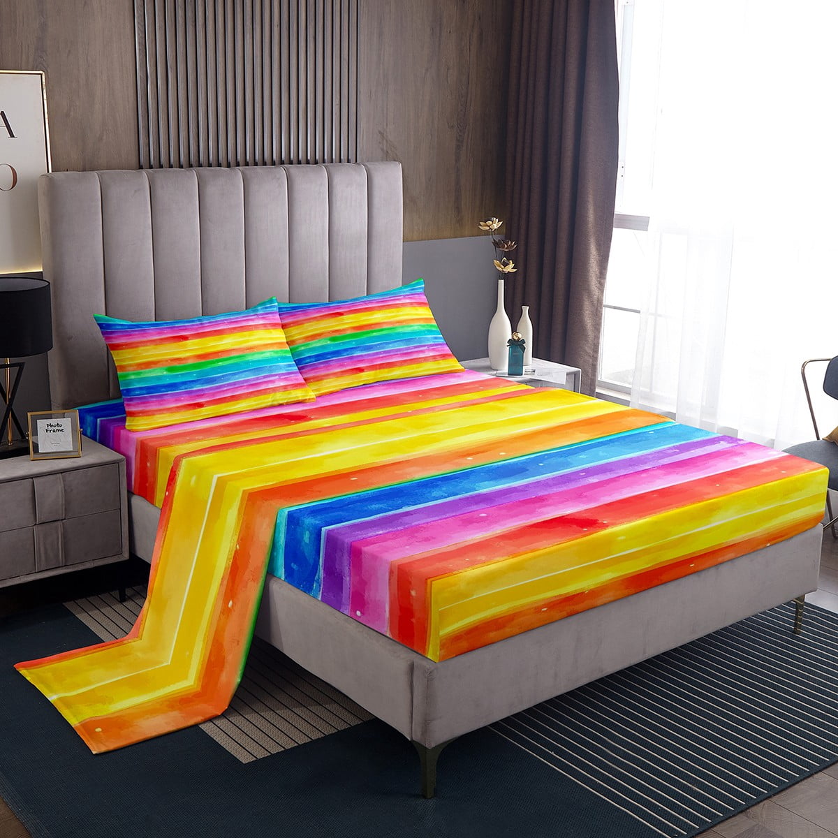 Colorful Rainbow Bed Sheets Set King Size,Neon Geometric Stripes Sheet ...