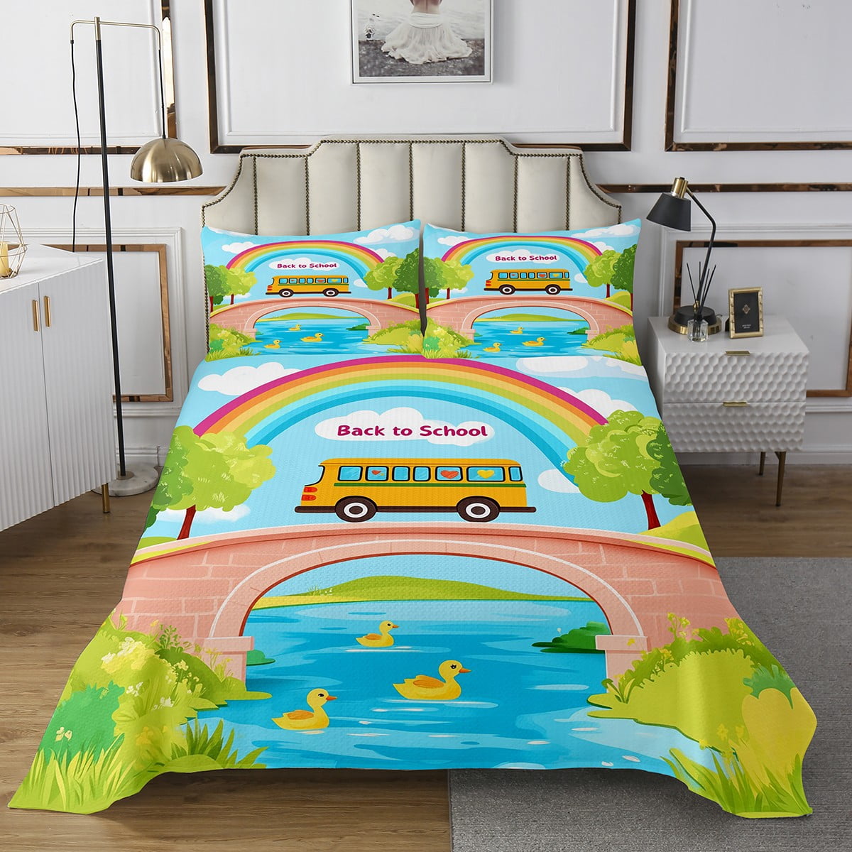 Colorful Rainbow Bedspread King Size School Bus Quilt Set Cute Animal ...