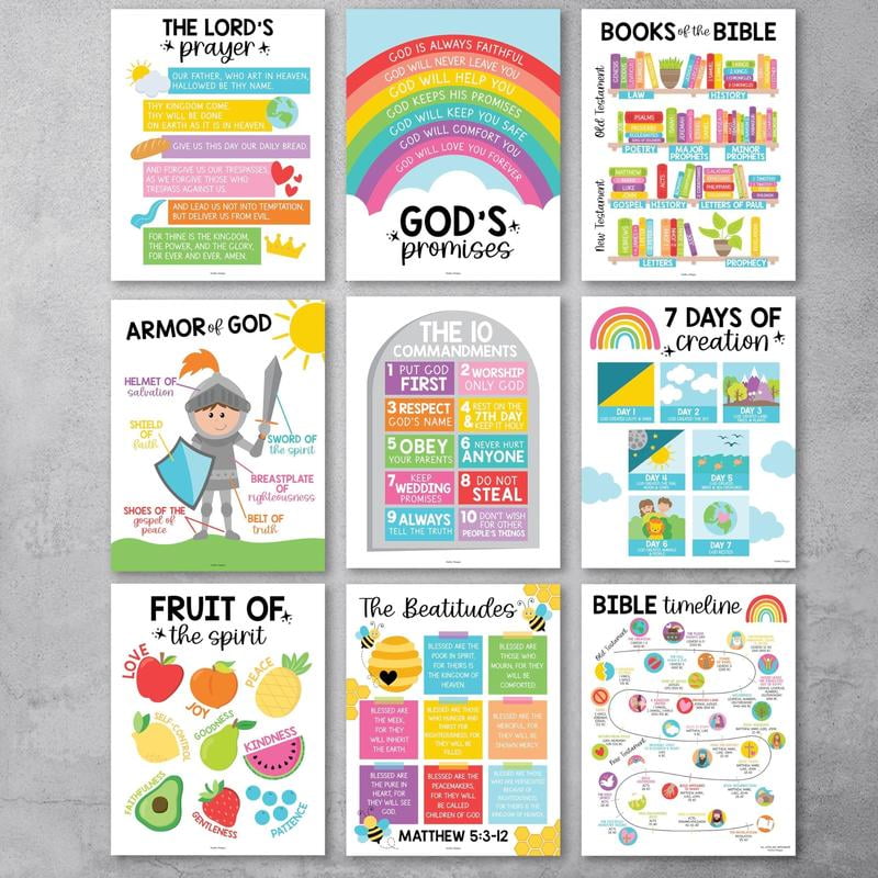 Colorful Rainbow Bible Posters | Set of 9 | Sunday School Classroom Art ...