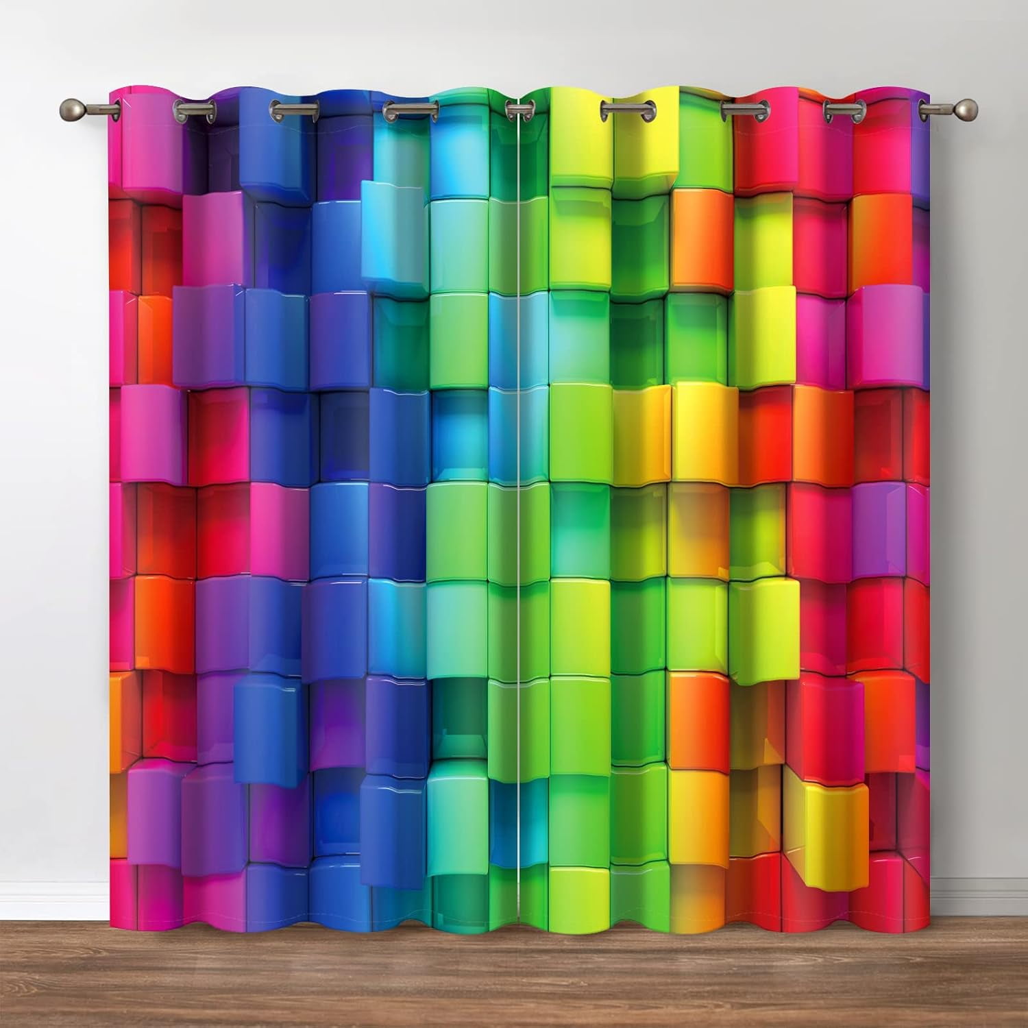 Colorful Rainbow Blackout Curtains Colored 3D Looking Brick Block ...