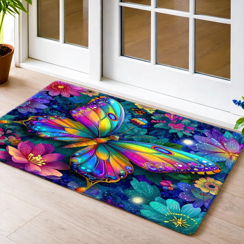 Colorful Rainbow Butterfly Floral Doormat, Non-Slip Rubber Backing ...