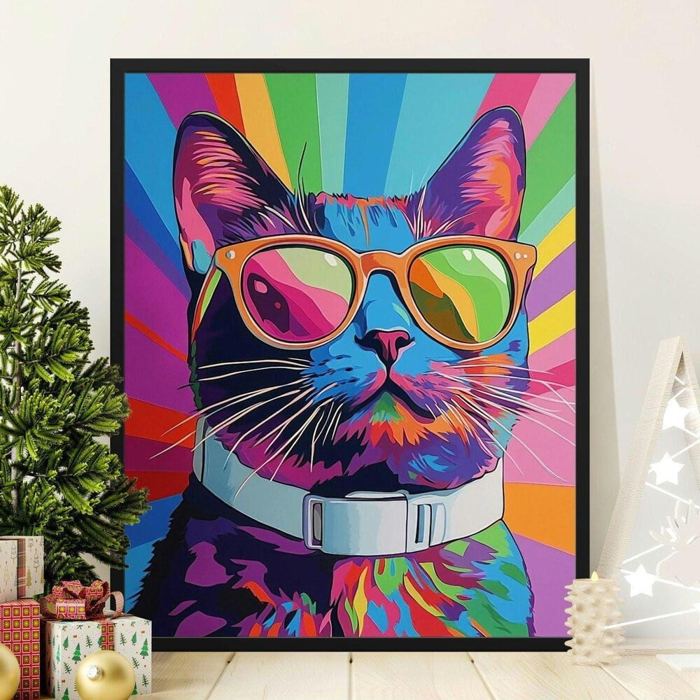 Colorful Rainbow Cat Poster Cool Cat Wall Art Cat With Sunglasses Pop ...