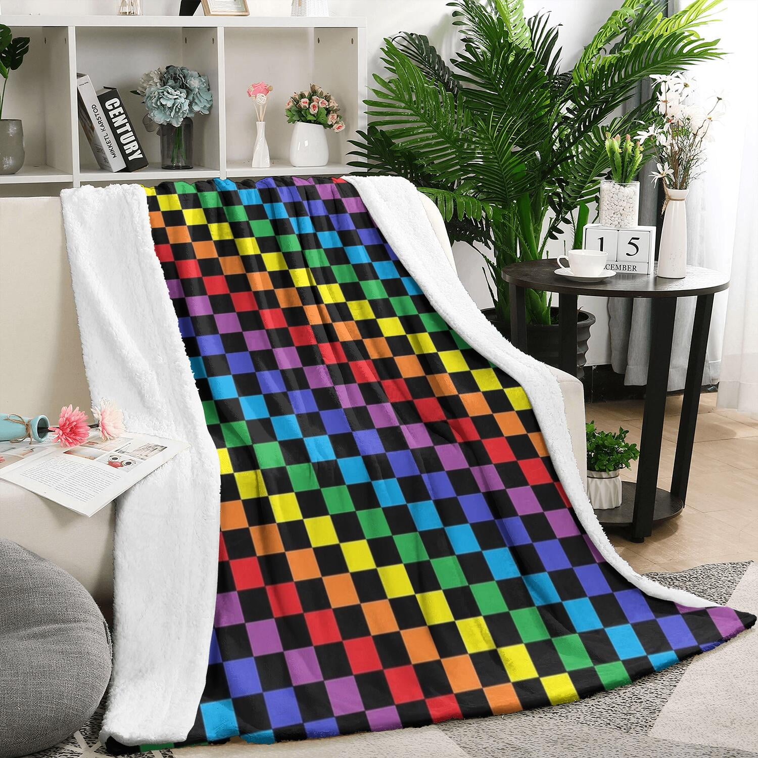 Colorful Rainbow Checkered Pattern Blanket,Comfortable Soft Lamb Wool ...