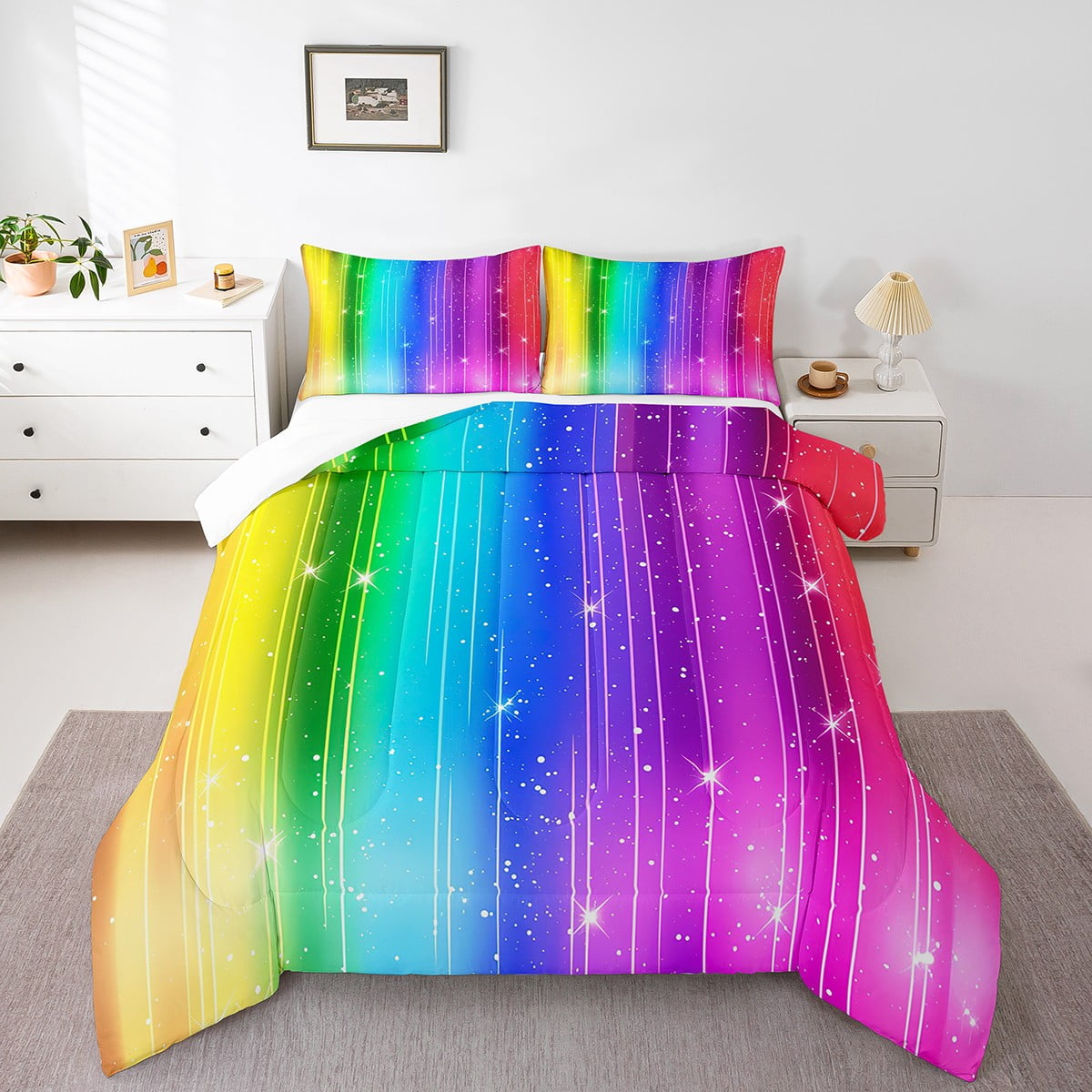 Colorful Rainbow Comforter Sets Twin Size,Abstract Neon Lines Bedding ...