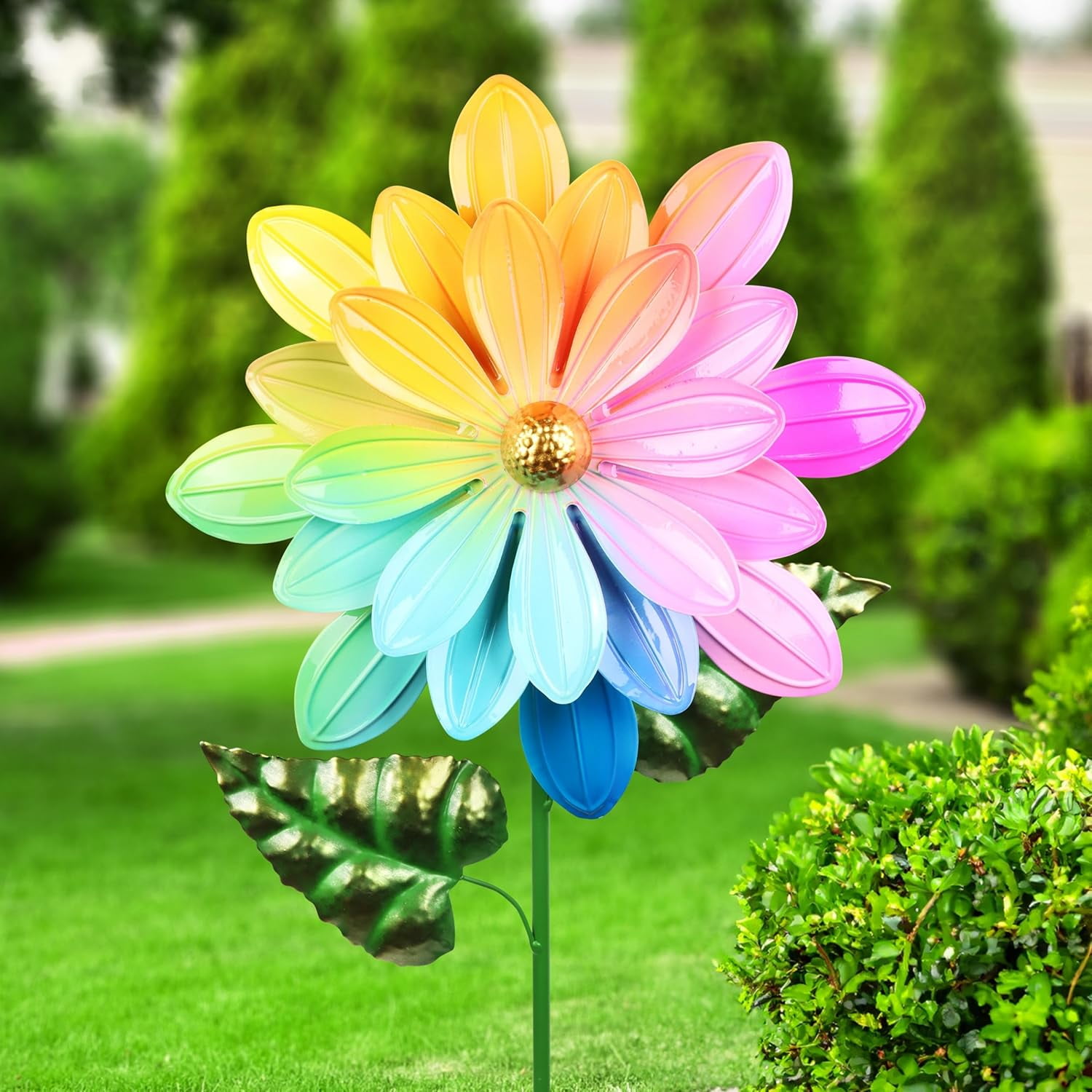 Colorful Rainbow Daisy Flower Bouncing Metal Garden Stake, 11.5 X 8 X ...