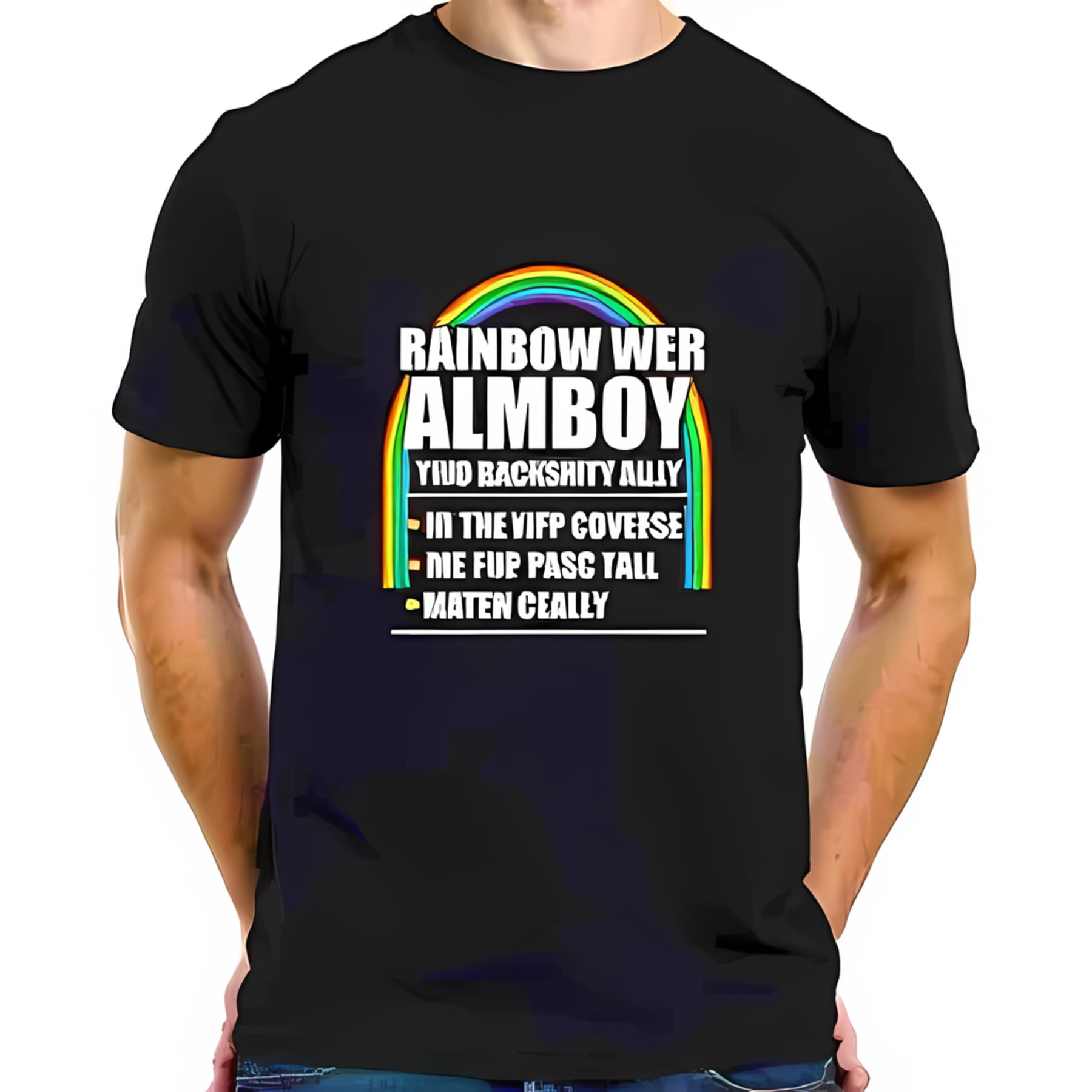 Colorful Rainbow Design Cotton Short Sleeve T-Shirt - Bold " RAINBOW WER ALMBOY " Text Playful ...