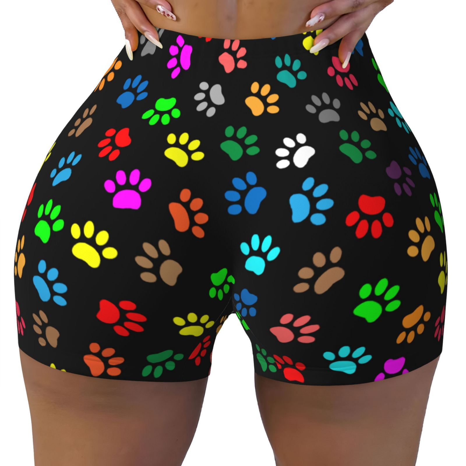 Colorful Rainbow Dog Cat Paws Workout Shorts For Women Scrunch Butt ...