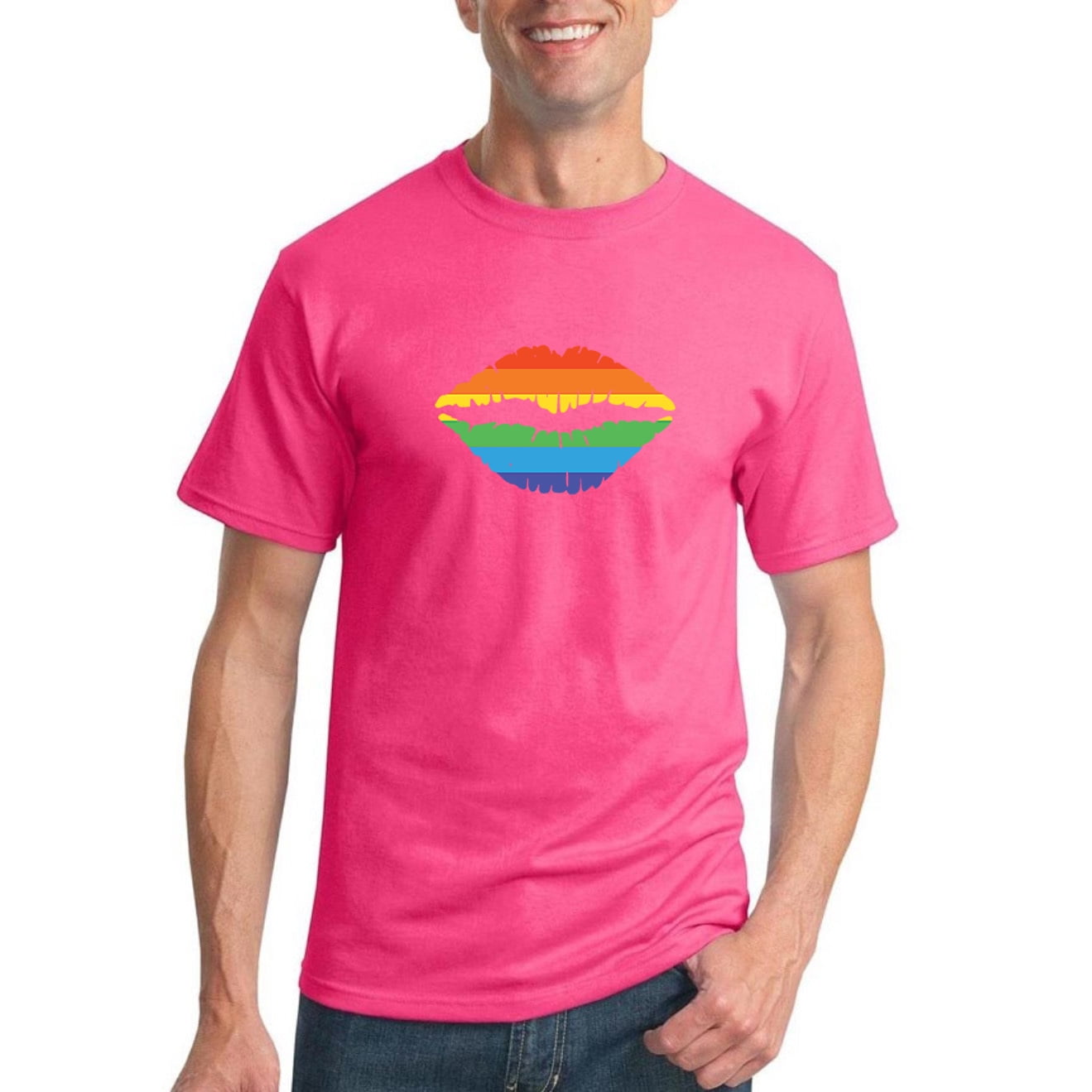 Colorful Rainbow Lips | Mens Fashion Graphic T-Shirt, Neon Pink, Large ...