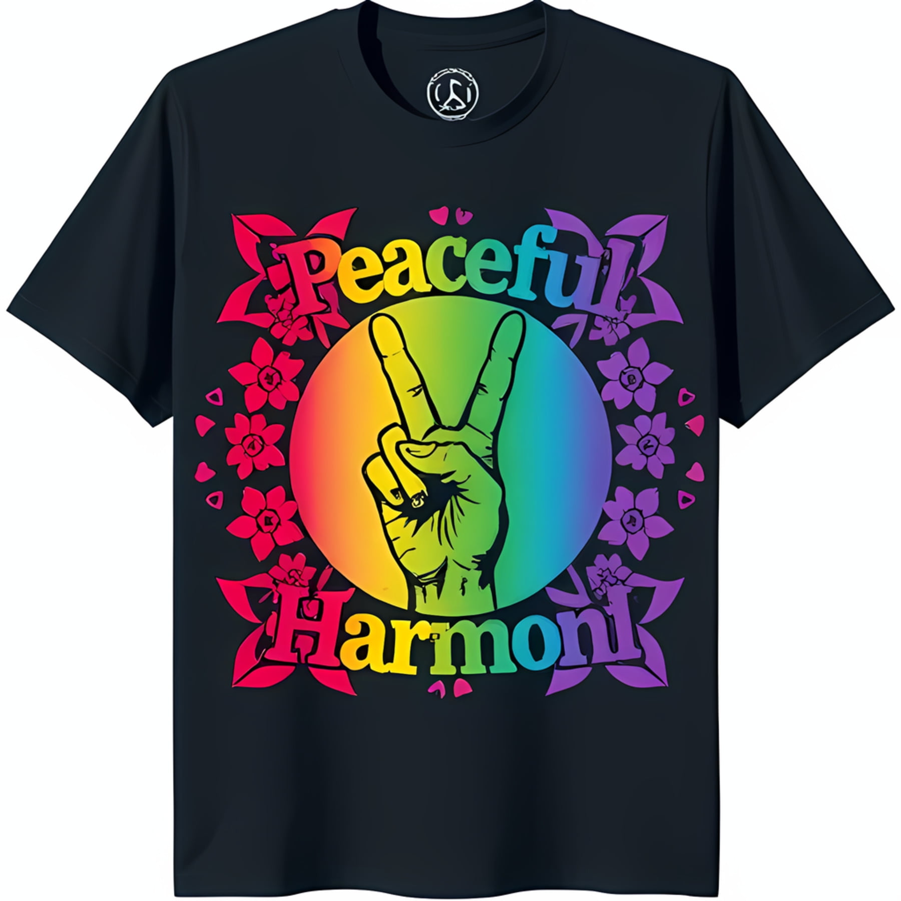 Colorful Rainbow Peace Sign T-Shirt with Floral Border 'Peaceful' & 'Harmoni' Design Black Tee ...