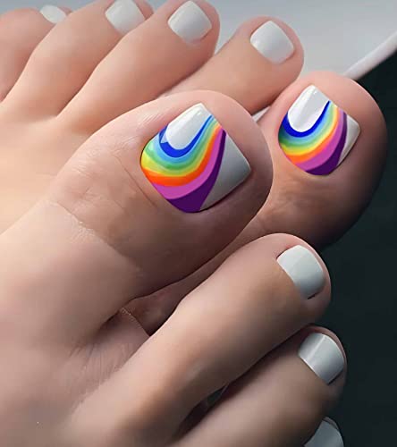 Colorful Rainbow Press on Toenails for Women - 24Pcs Real Short White ...