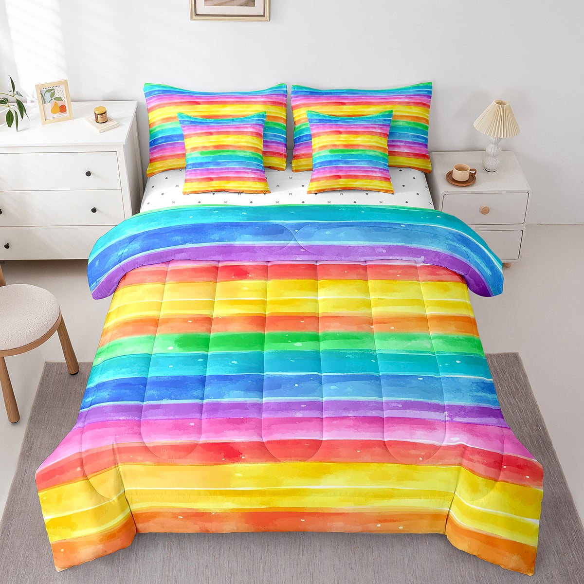 Colorful Rainbow Queen Size Comforter Set,Neon Geometric Stripes 7 ...