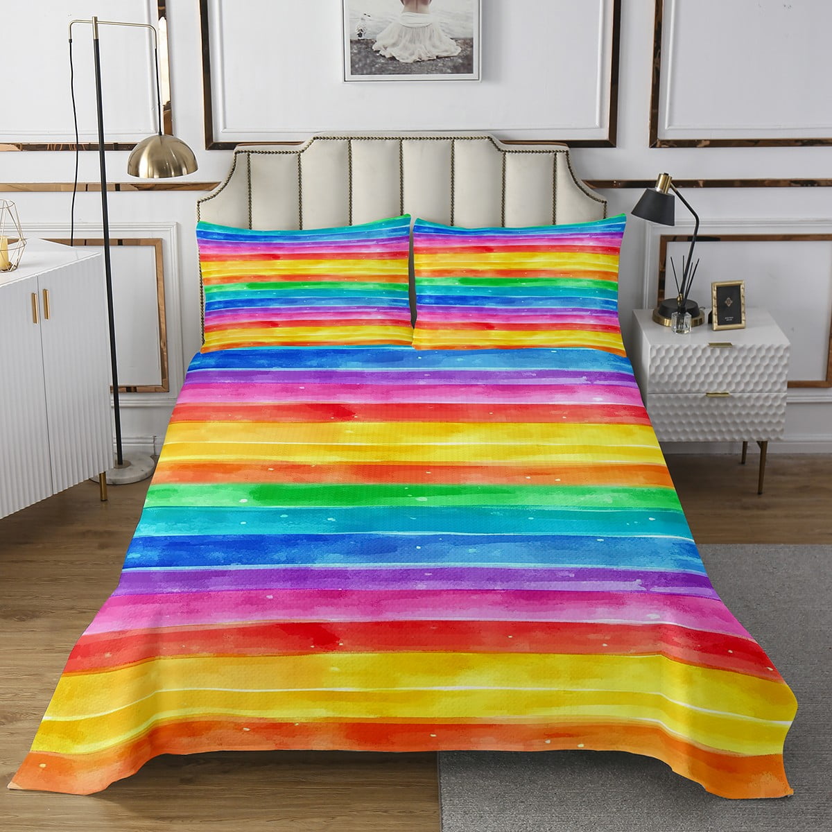Colorful Rainbow Quilt Set Twin Size,Neon Geometric Stripes Coverlet ...