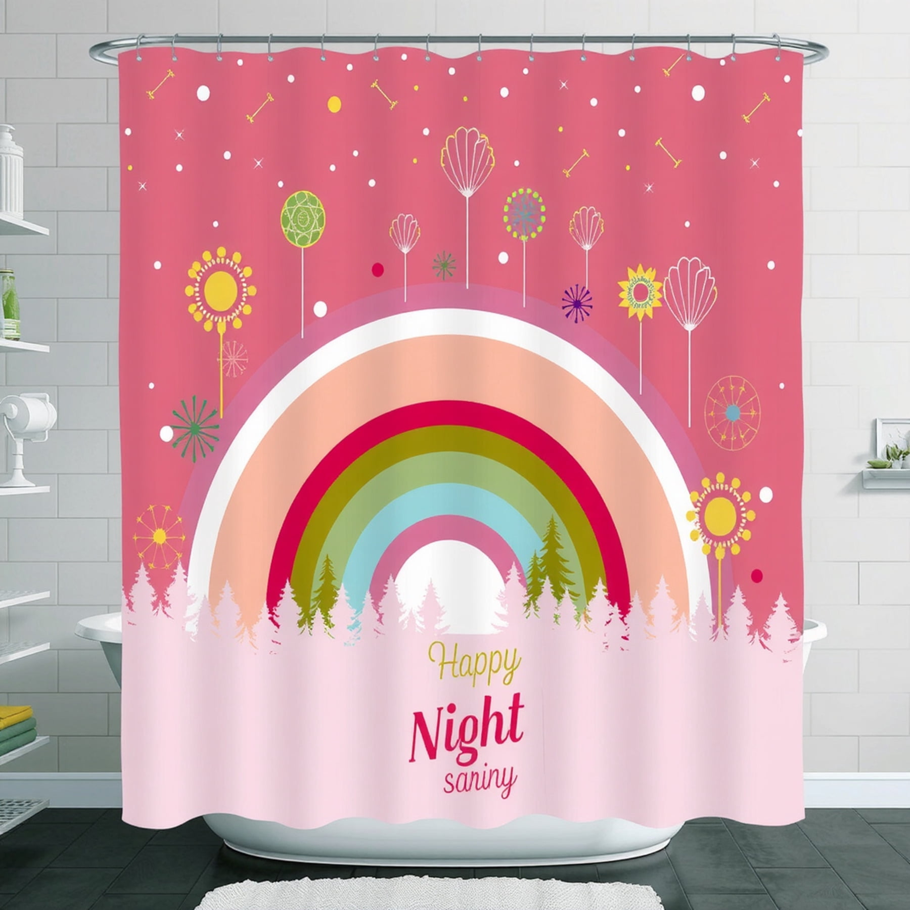 Colorful Rainbow Shower Curtain with Silhouetted Trees & Flowers ...