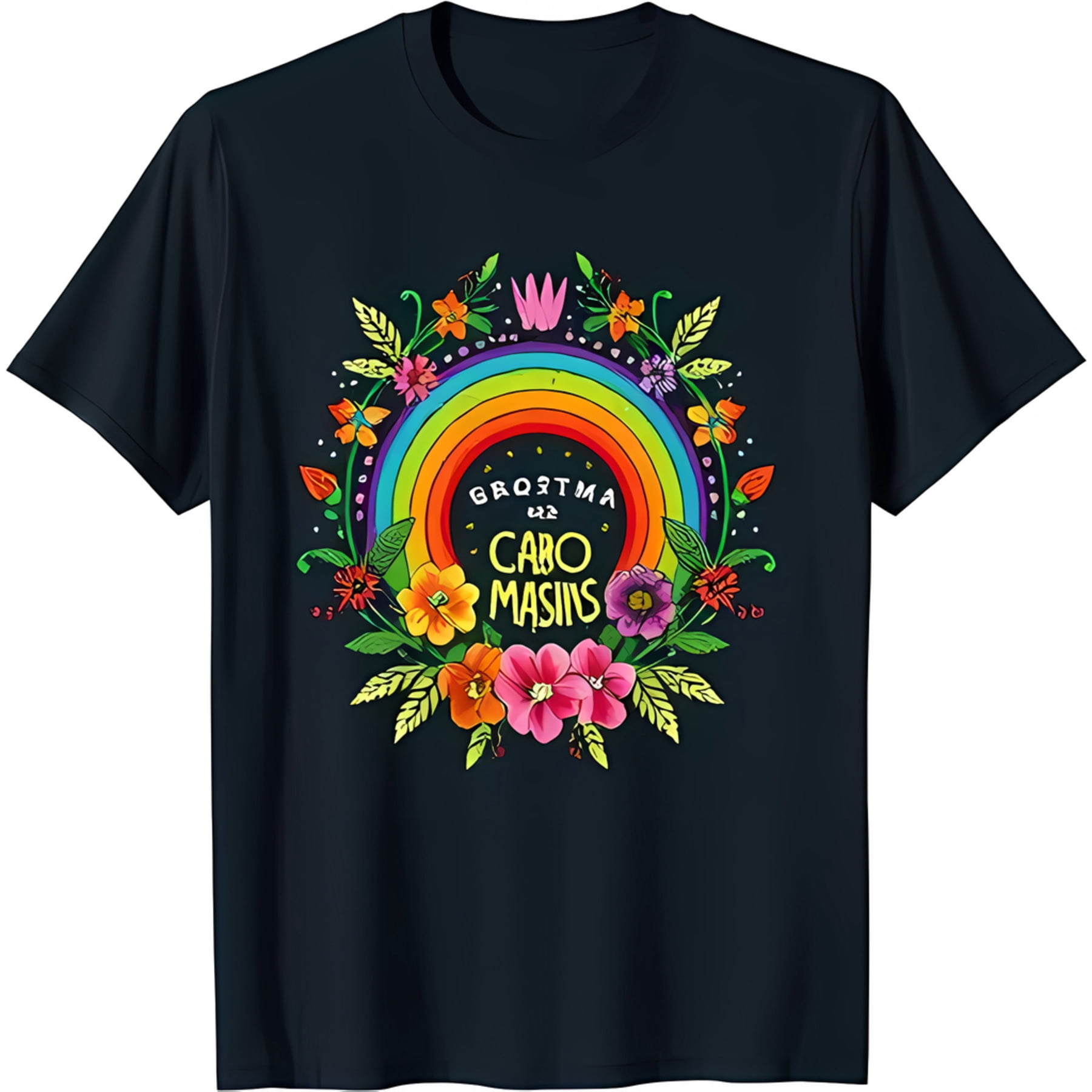 Colorful Rainbow and Flower Design Black T-Shirt 'GROSTMA 422 MASINS ...