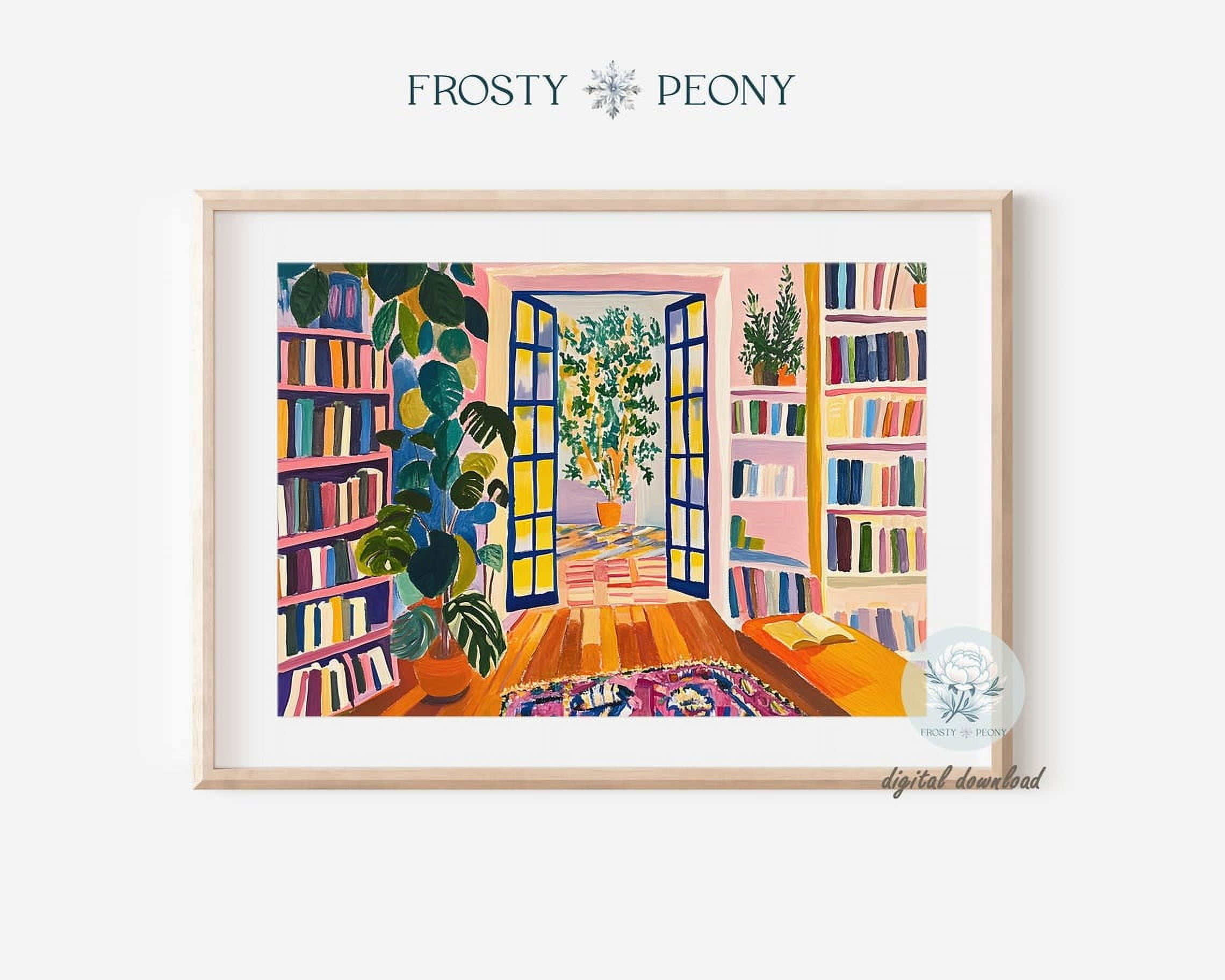 Colorful Reading Corner Art Print, Cozy Bookshelves And Plants Art ...