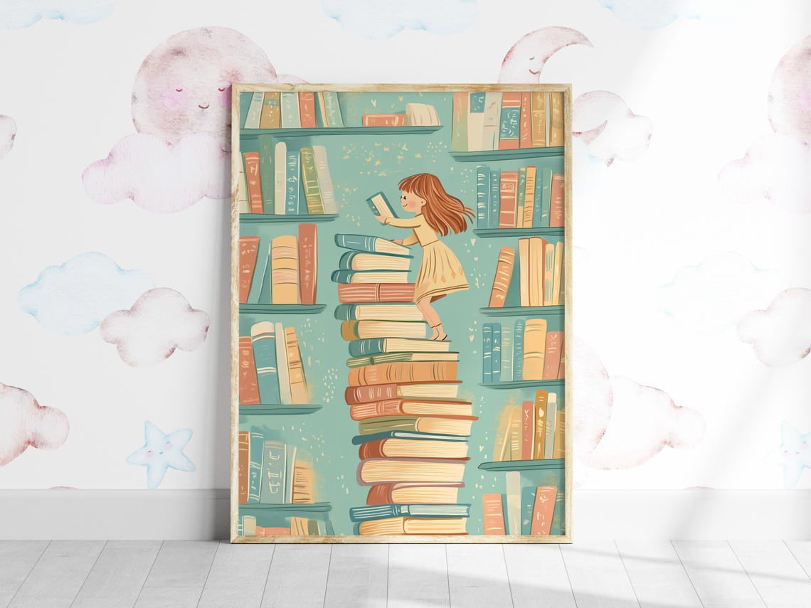 Colorful Reading Decor, Girls Room Print, Bookworm Art, Girl'S Study ...