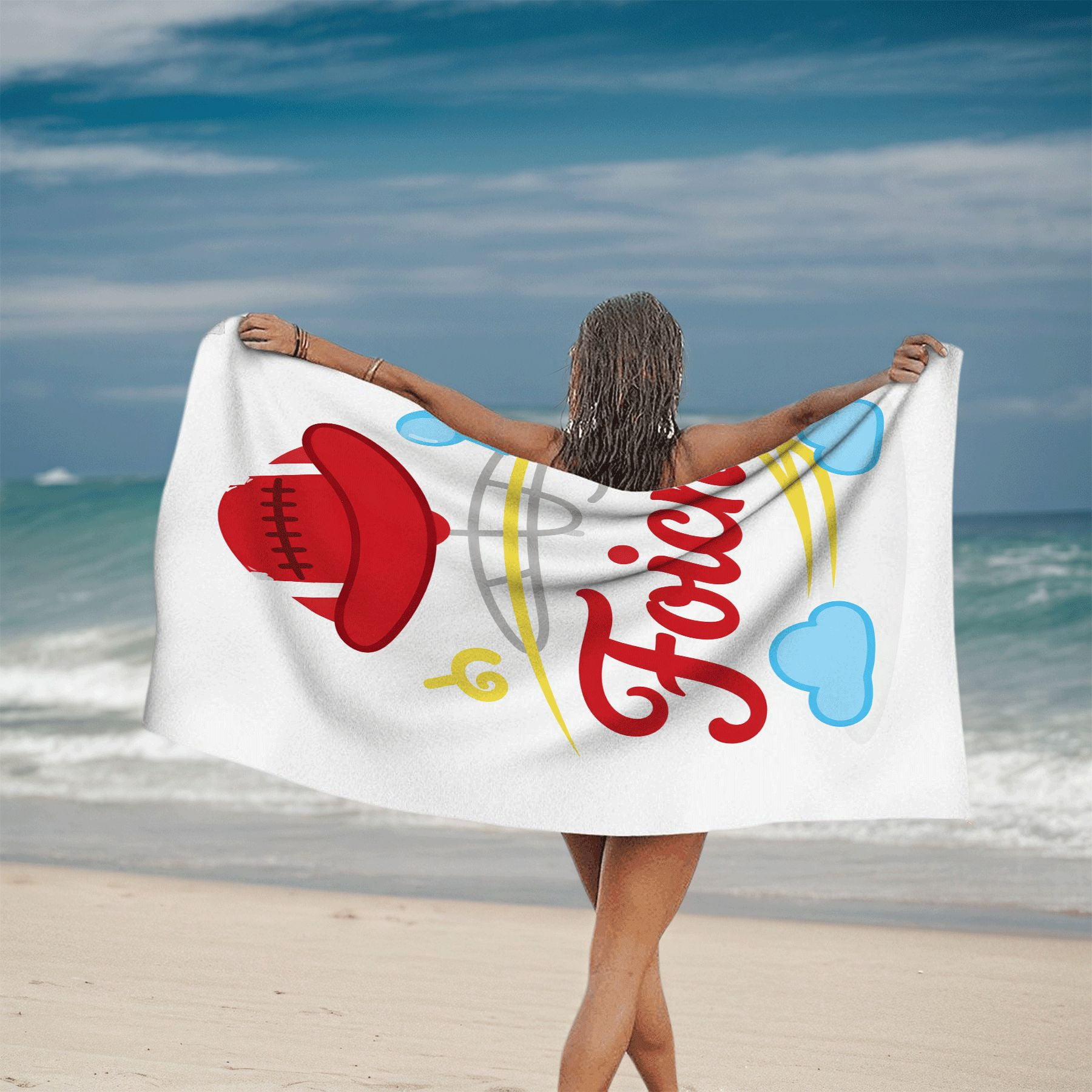 Colorful Red Football Design Beach Towel with Yellow Curved Line ...