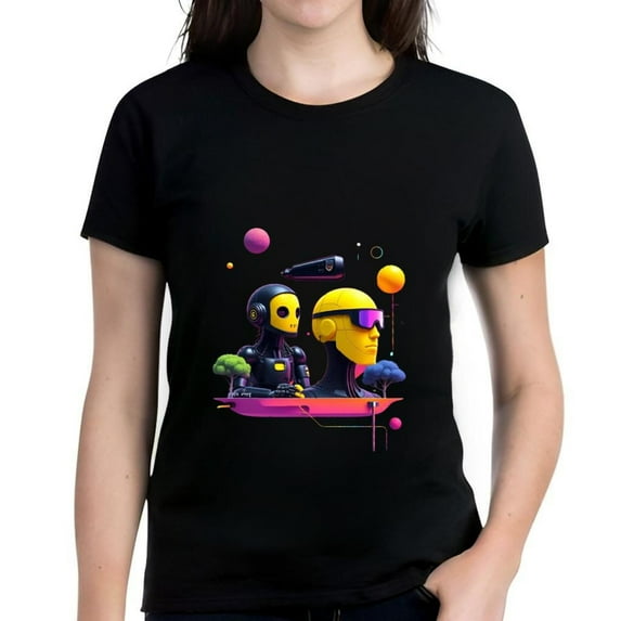 Colorful Retro - Futuristic Humanoid Robots Graphic Cotton Short Sleeve ...