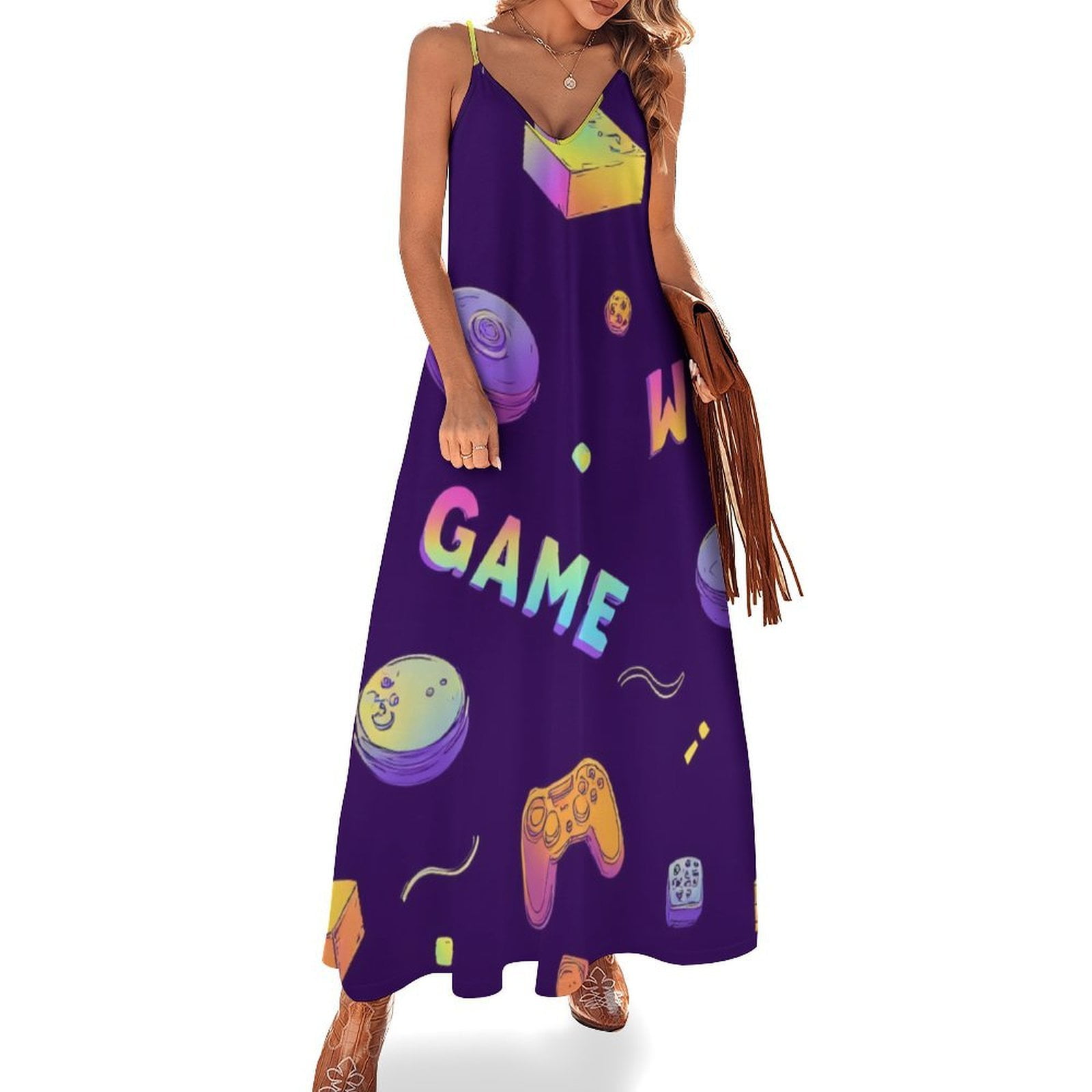 Colorful Retro Game Controllers Pattern Sleeveless Dress for Women ...