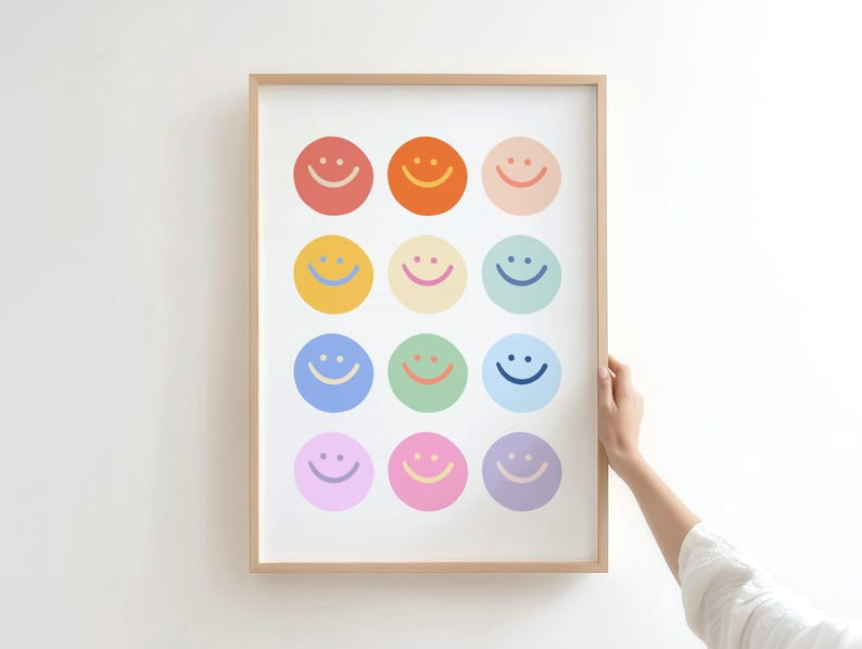 Colorful Retro Happy Face Print: Positive Vibes CANVAS 16x24 UNFRAMED ...