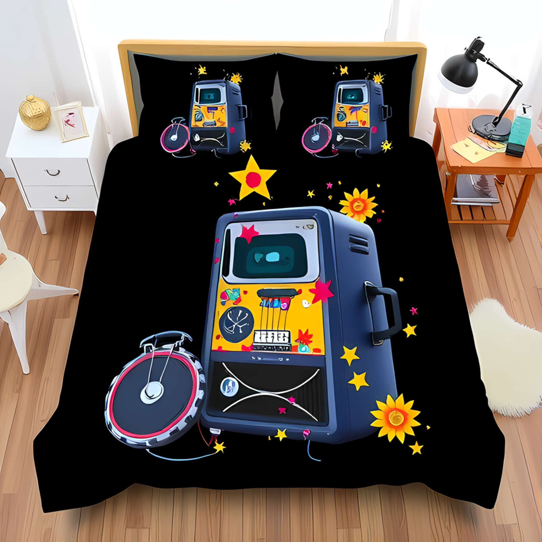 Colorful Retro Machine 3-Piece Duvet Cover Set - Black Bedspread with ...