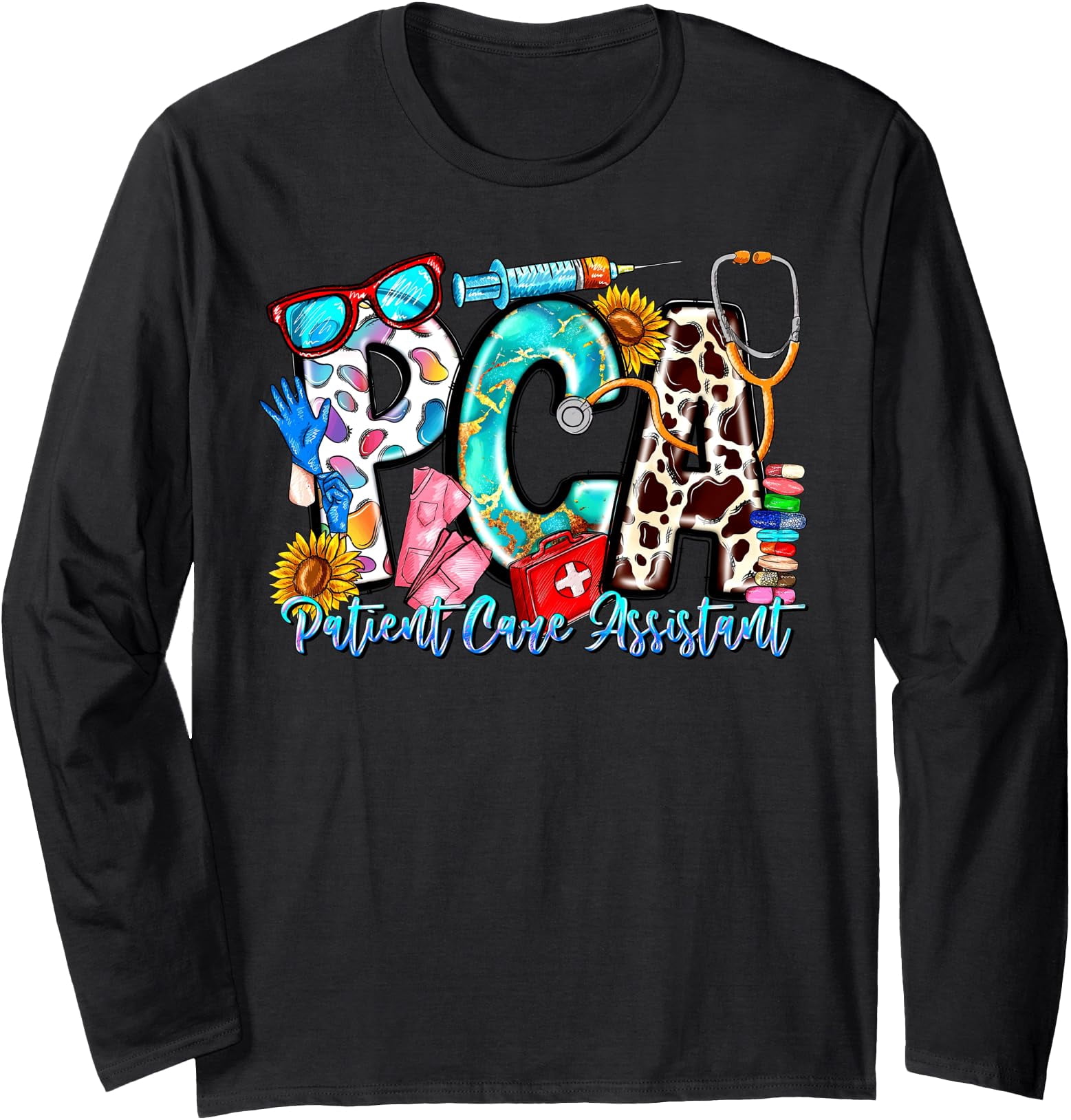 Colorful Retro PCA Patient Care Assistant Long Sleeve T-Shirt for ...