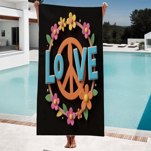 Colorful Retro Peace Symbol Beach Towel - Vibrant Floral Design with ...