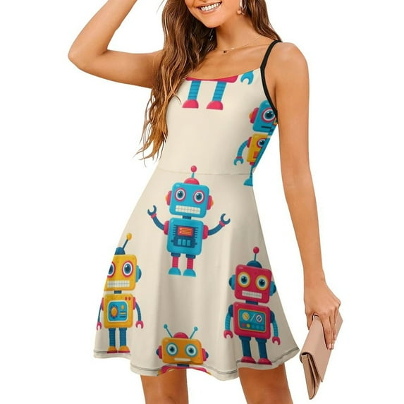 Colorful Retro Robot Pattern Sweet Elegant Slip Dress Women Korean ...