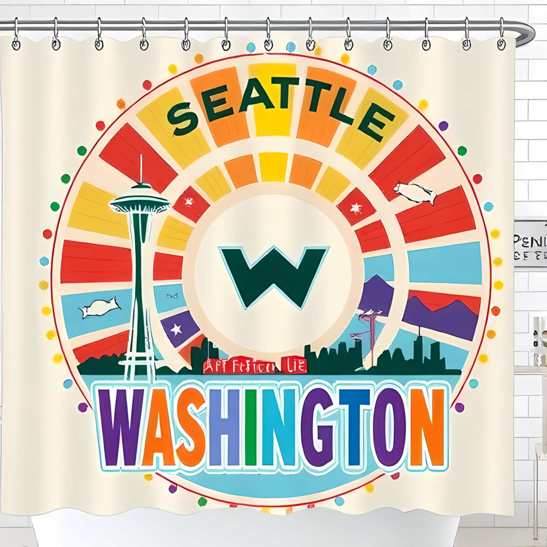 Colorful Retro Seattle Shower Curtain with Iconic Landmarks & Whimsical ...