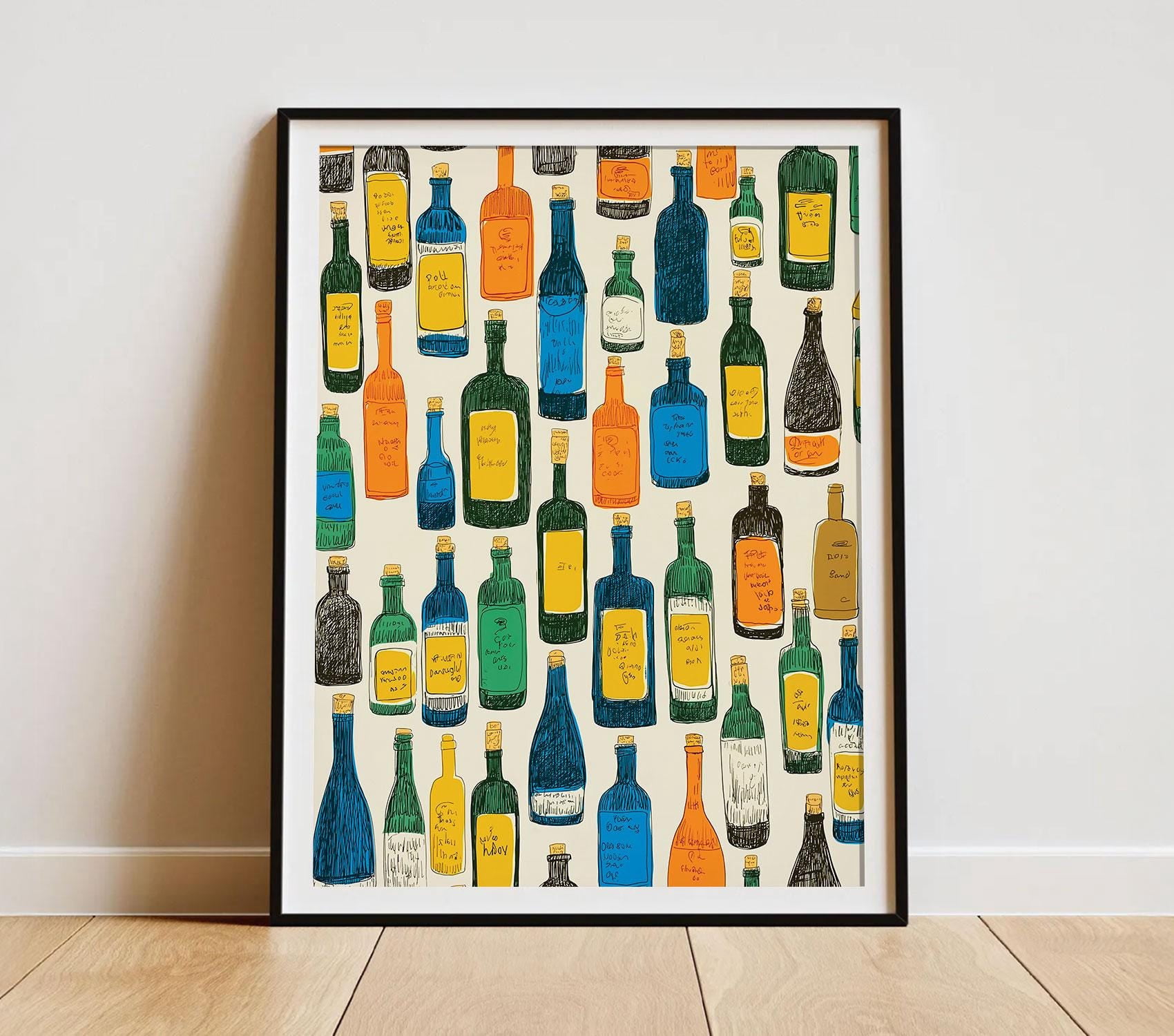 Colorful Retro Wine Bottle Kitchen Wall Art Eclectic Modern Bar Cart ...